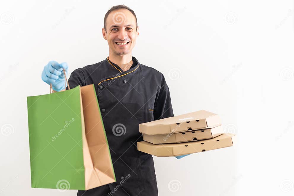 Delivery Man with Boxes of Pizza, Chef. Stock Image - Image of order ...