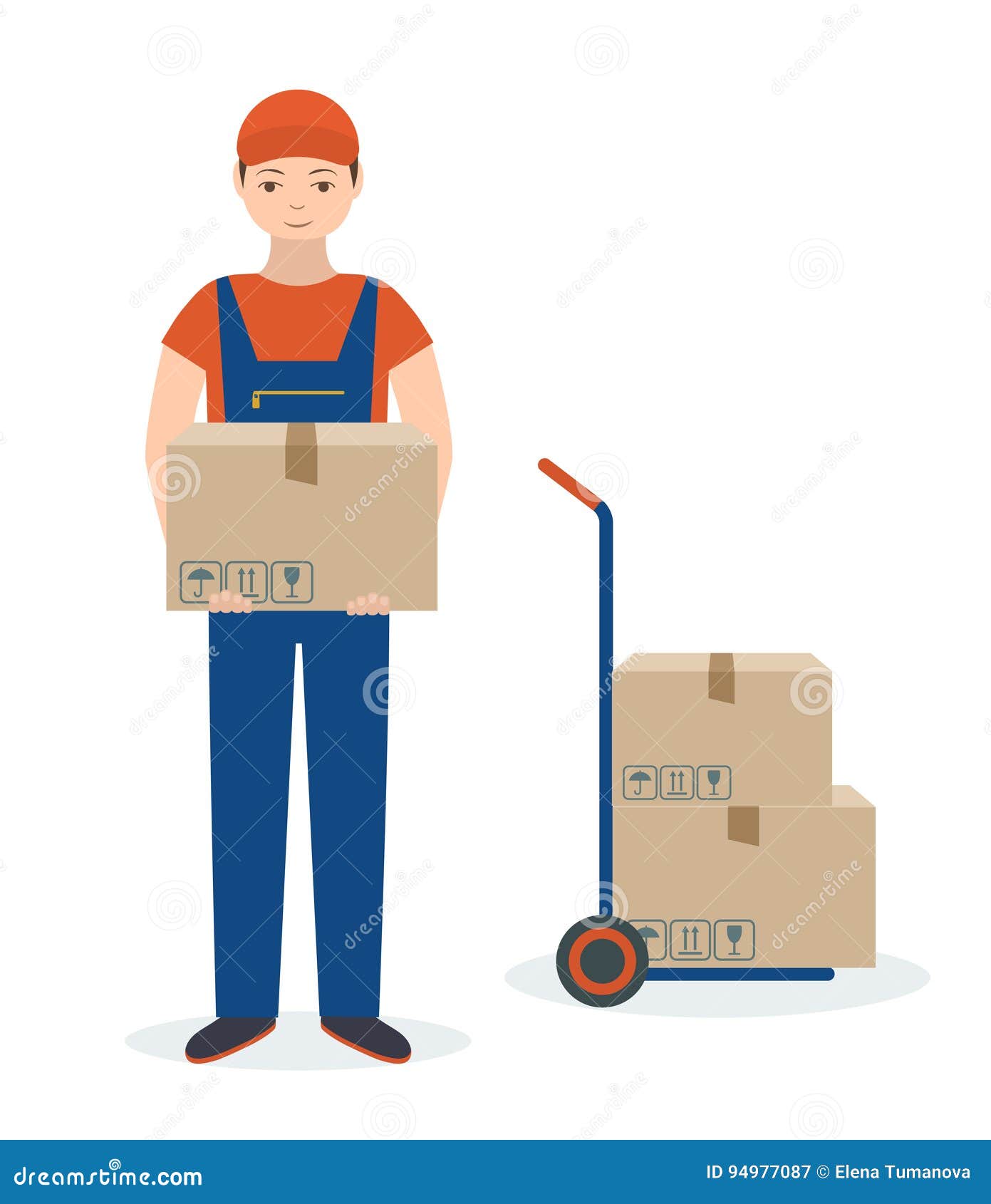 Delivery Man with Cardboard Box and Push Cart. Stock Vector ...