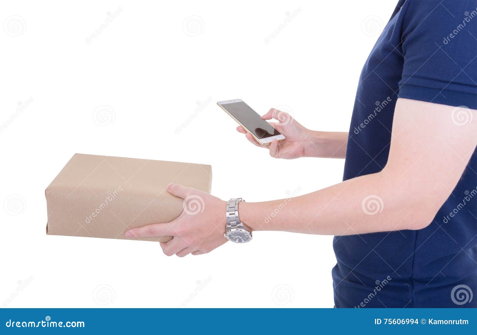 Delivery Man Carrying Parcel Delivery of Boxes with Checking Location ...