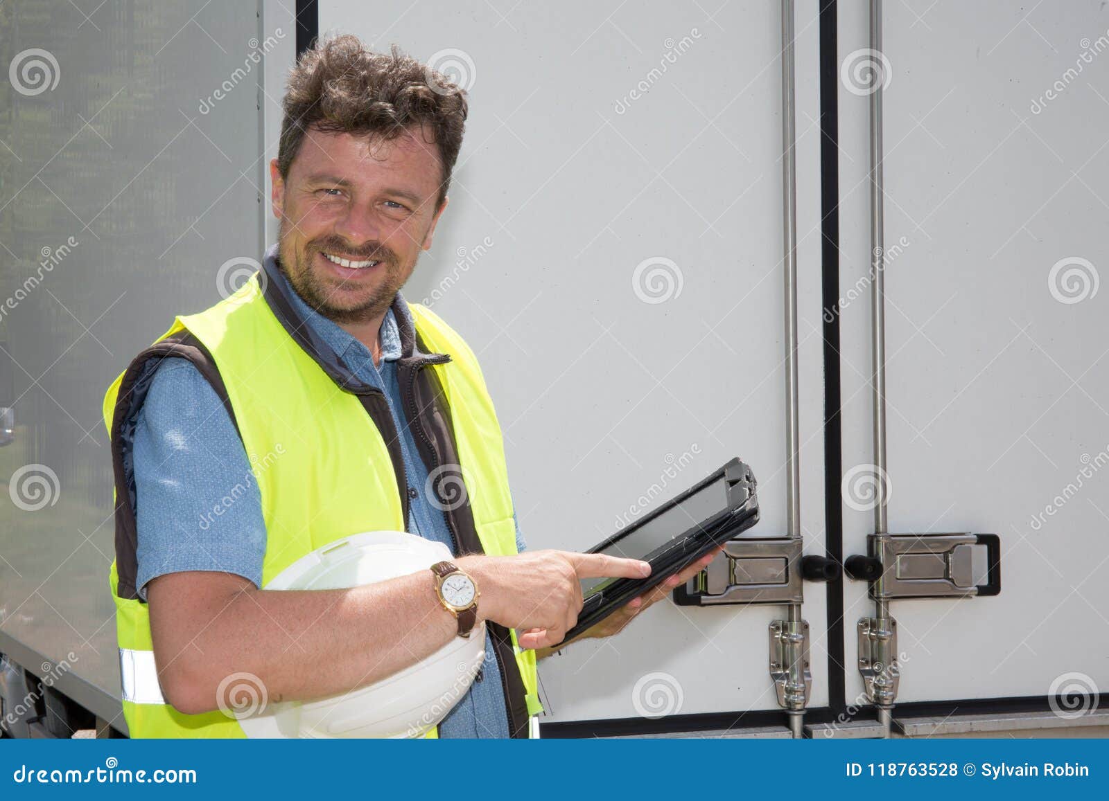 A Delivery Man Checking Portable Deliver Device Tablet Stock Photo ...