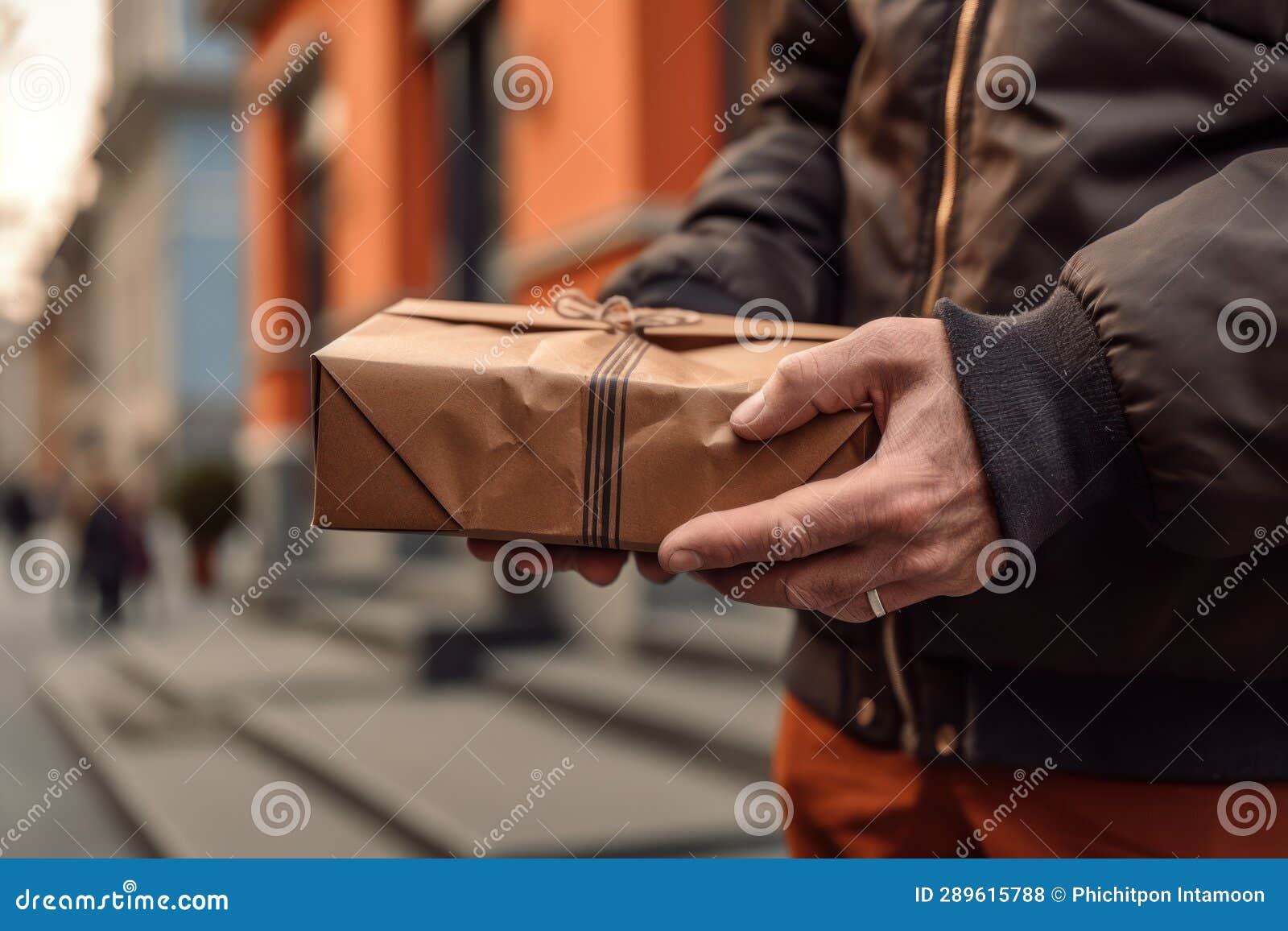 Delivery Man Delivering a Parcel Box To Customer. Stock Photo - Image ...