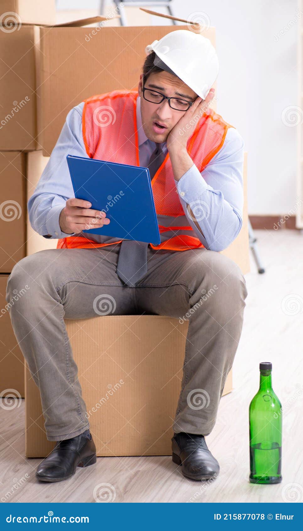 Delivery man drunk at work stock photo. Image of boxes - 215877078