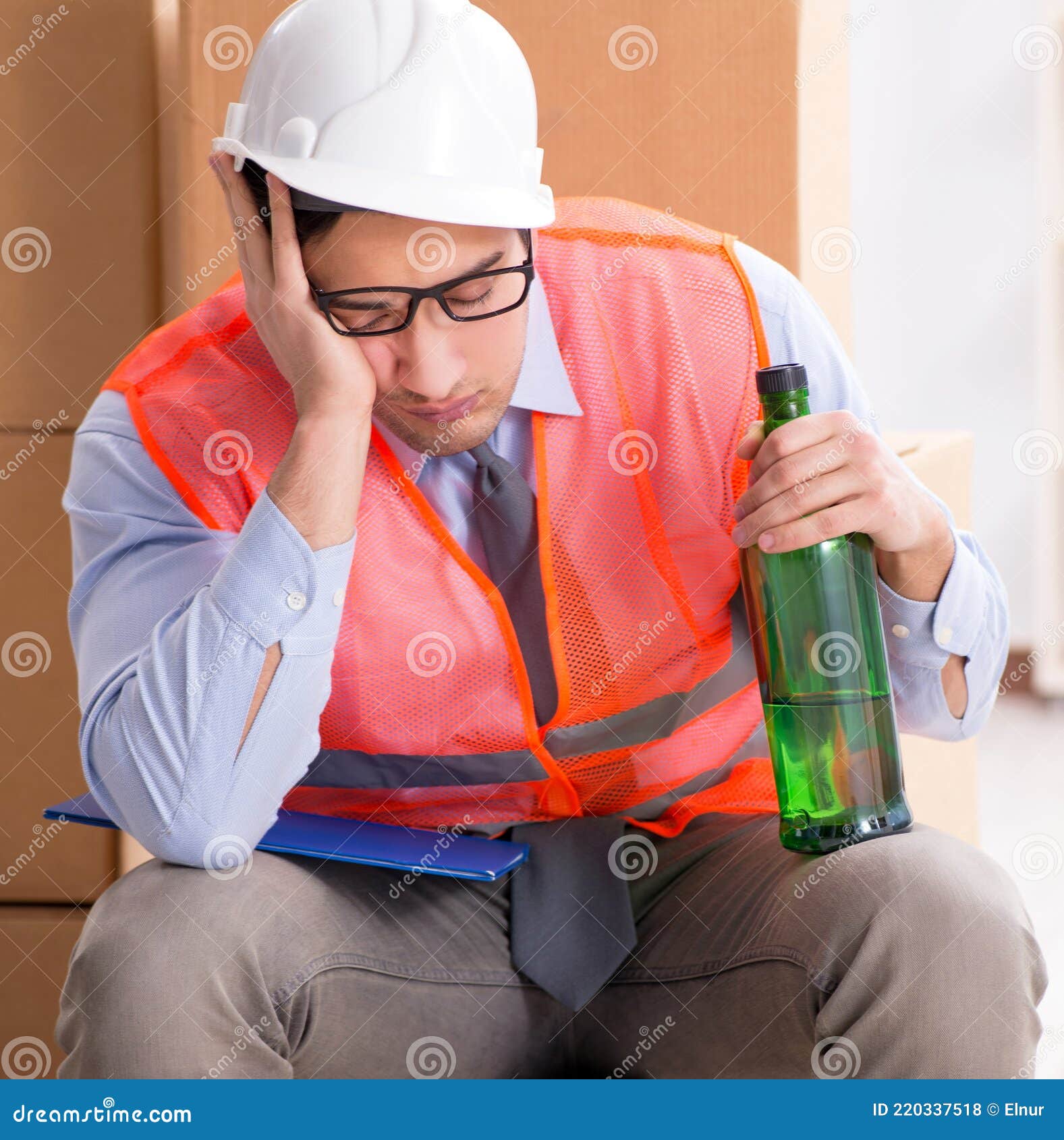 Delivery man drunk at work stock photo. Image of business - 220337518
