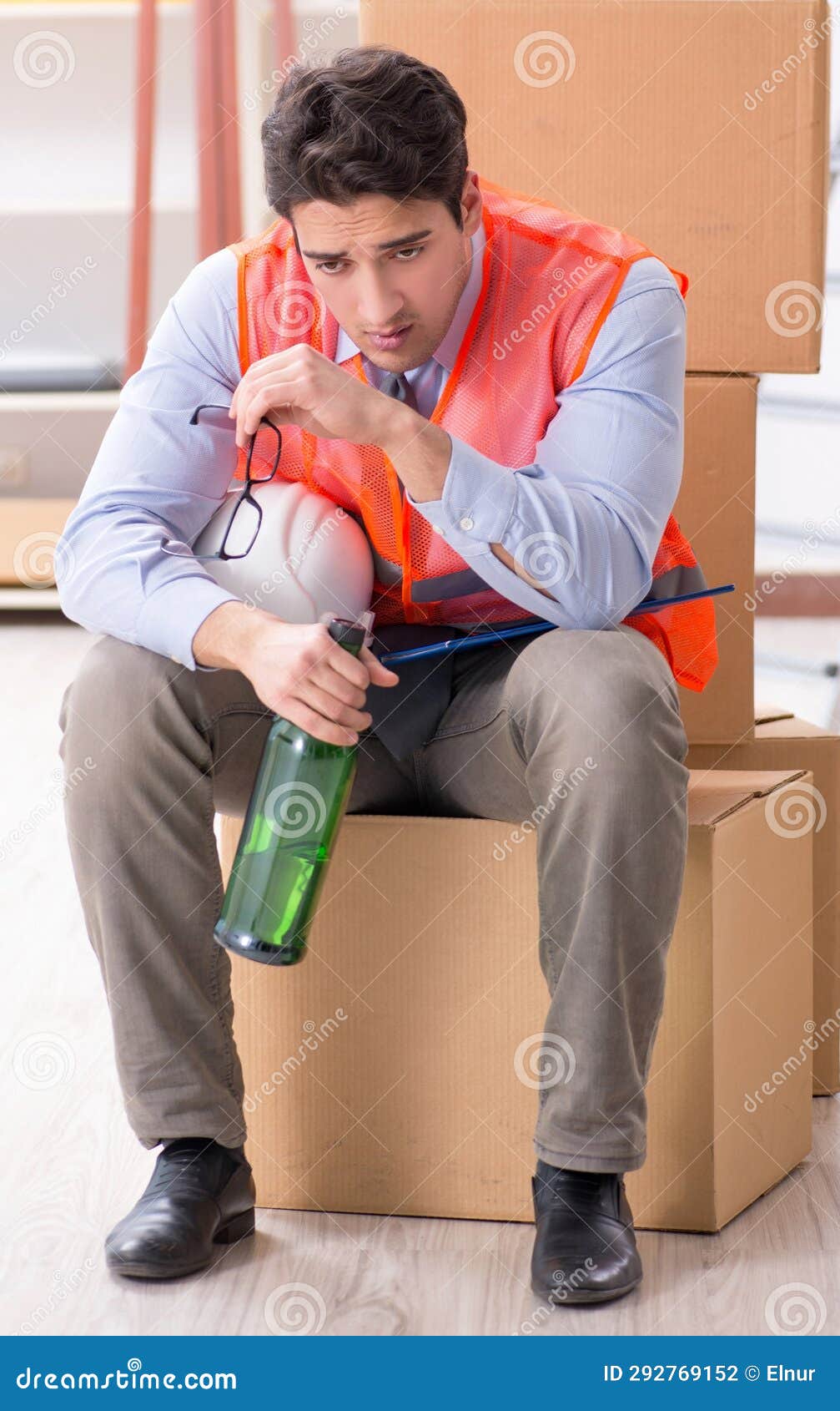 Delivery man drunk at work stock photo. Image of contractor - 292769152