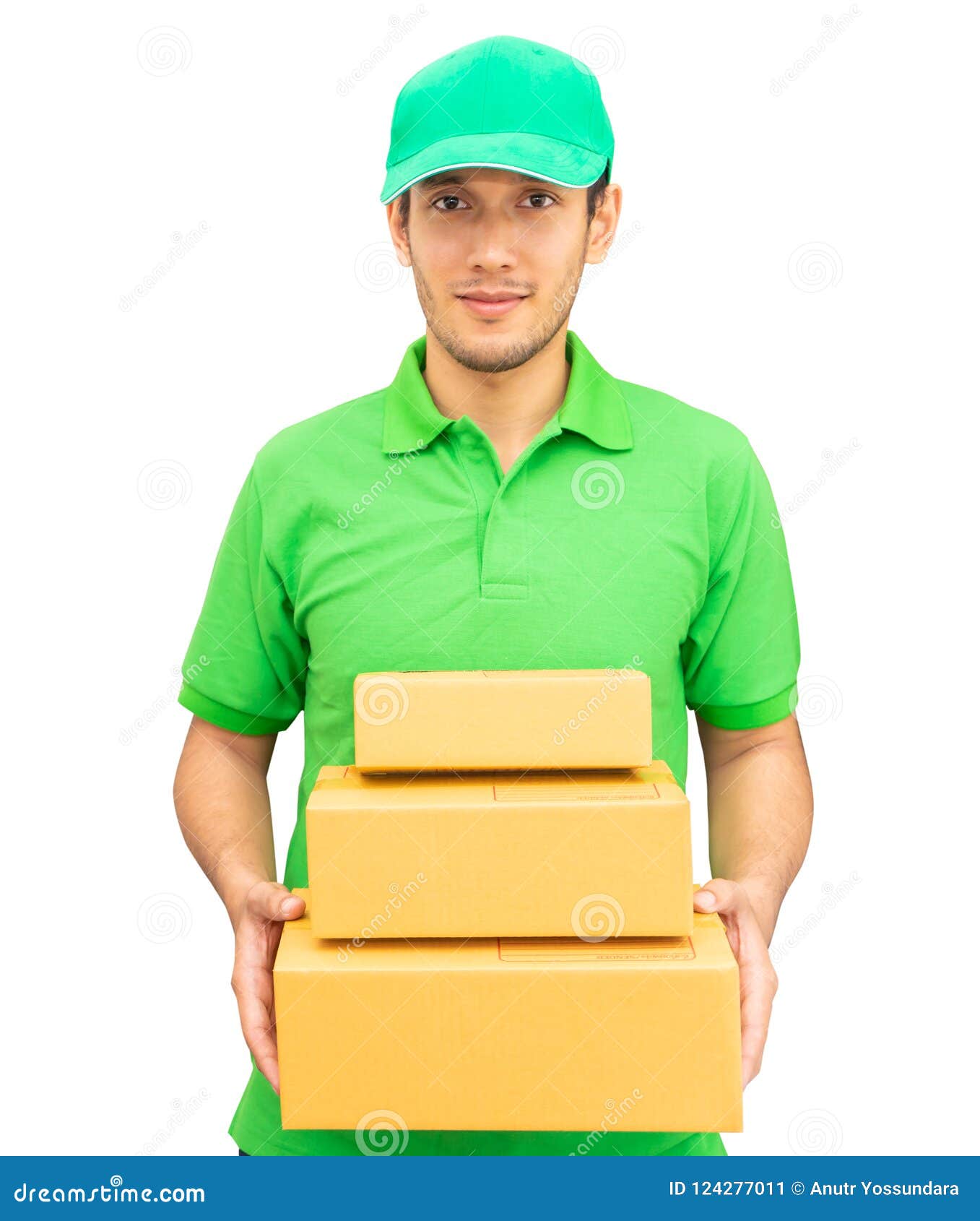 Delivery Man in Green Handing Packages Isolated on White Stock Image ...