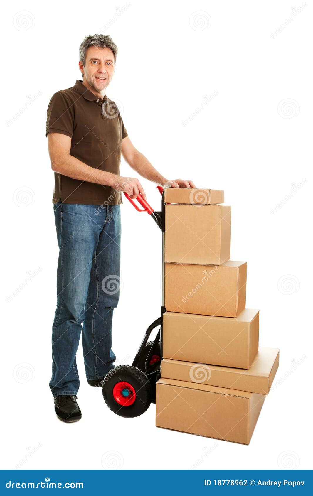 Delivery Man with Hand Truck and Stack of Boxes Stock Photo - Image of ...