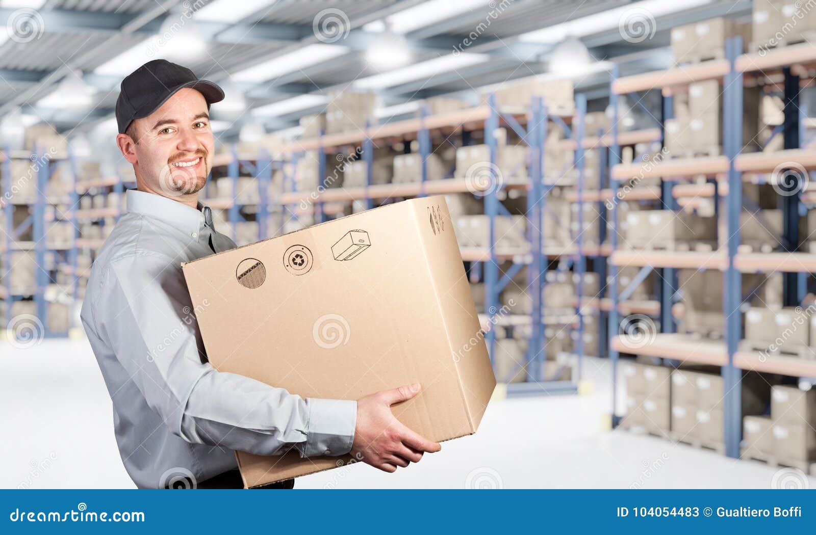 Man with boxe stock image. Image of cargo, indoor, forklift - 104054483