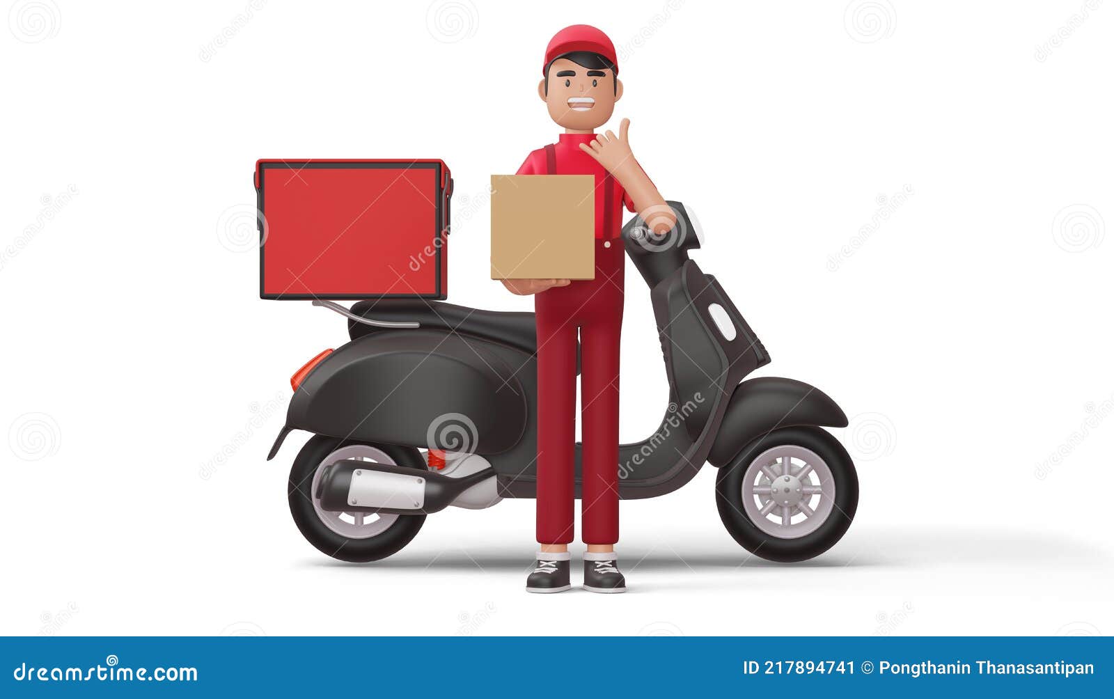 Delivery Man Hold a Parcel Box with Delivery Motorcycle, 3d Rendering ...