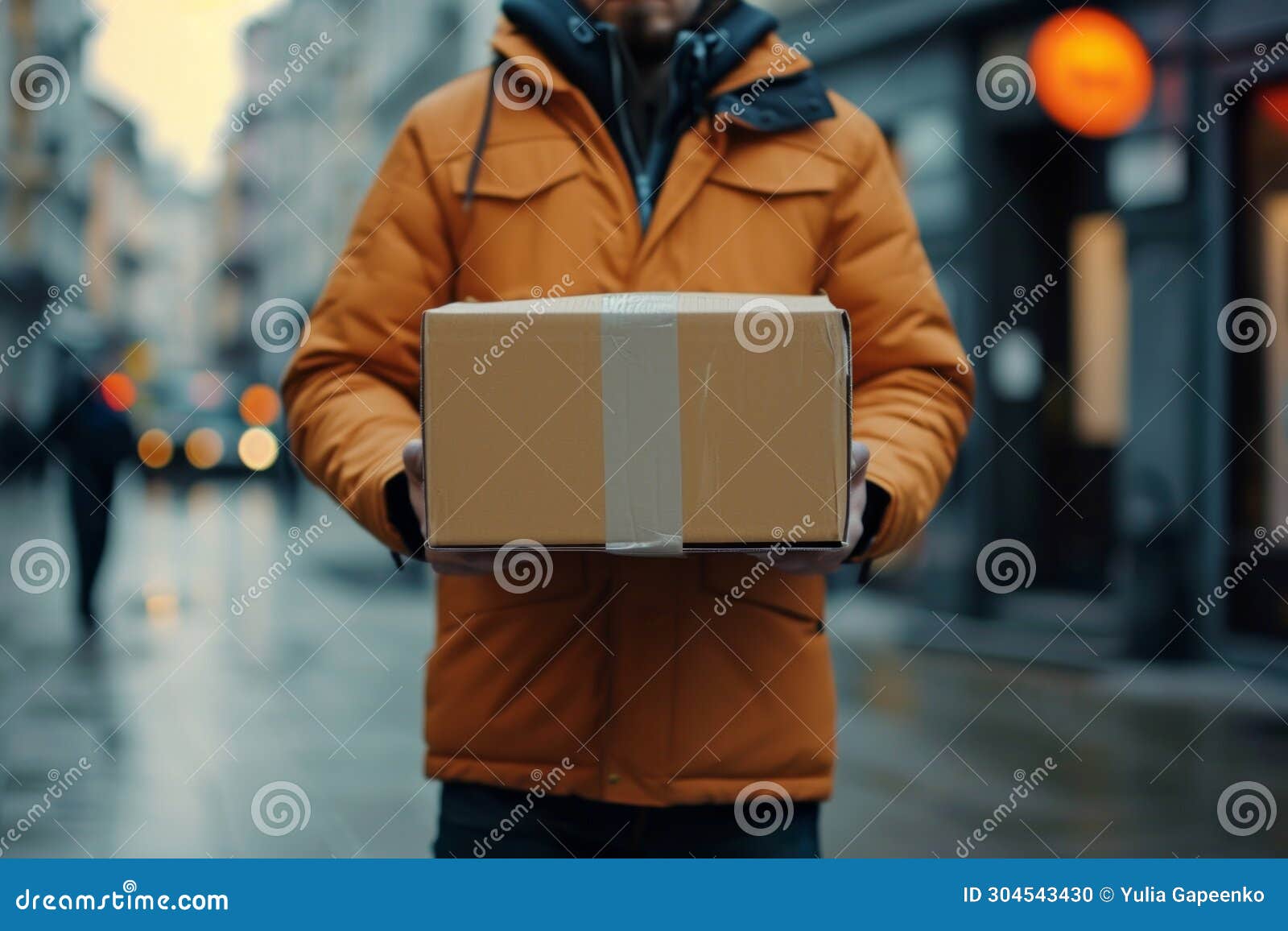 Delivery Man Holding Cardboard Box on Street Package Stock Photo ...