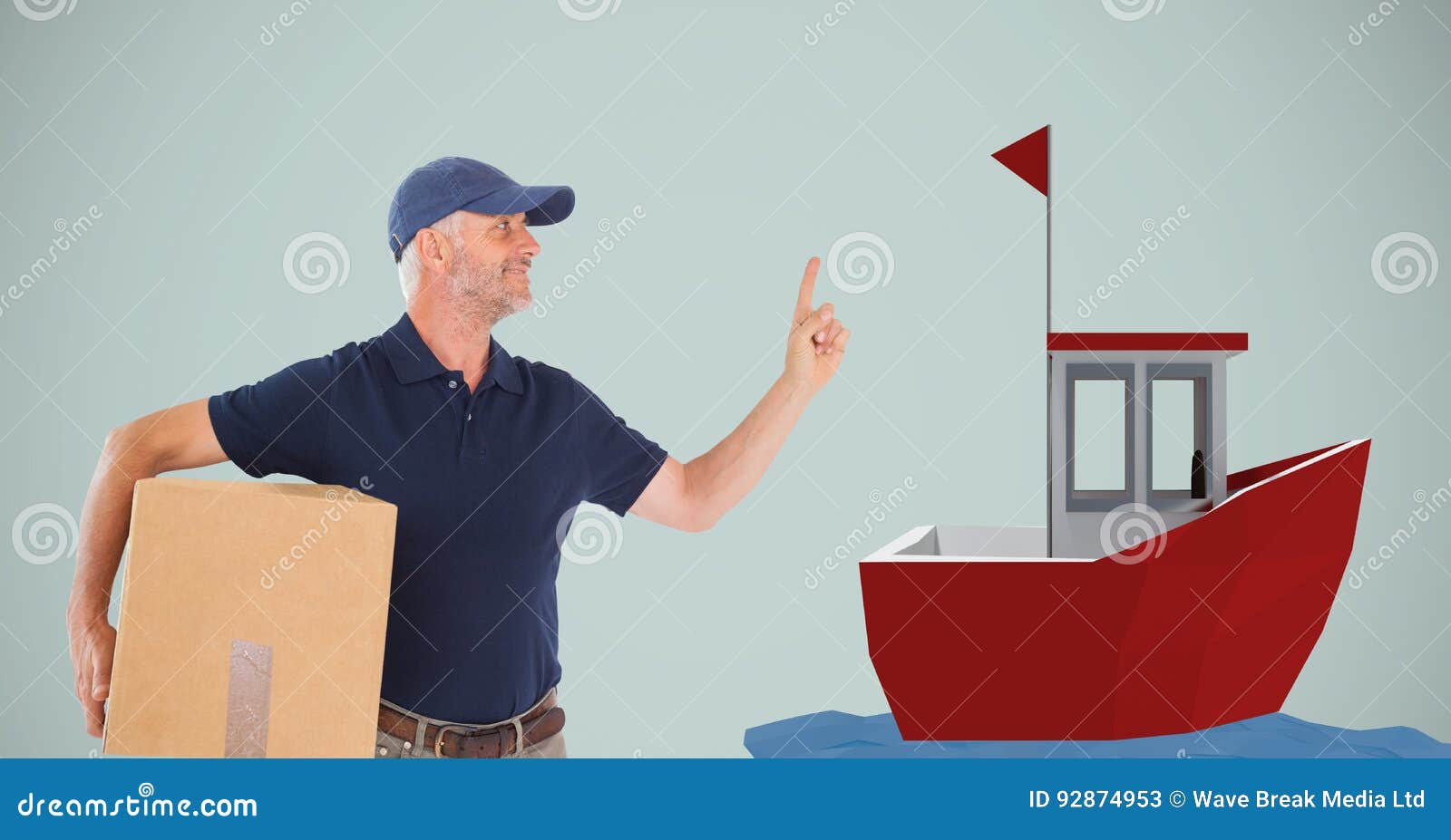 Delivery Man Holding Parcel while Pointing at Boat Stock Image - Image ...
