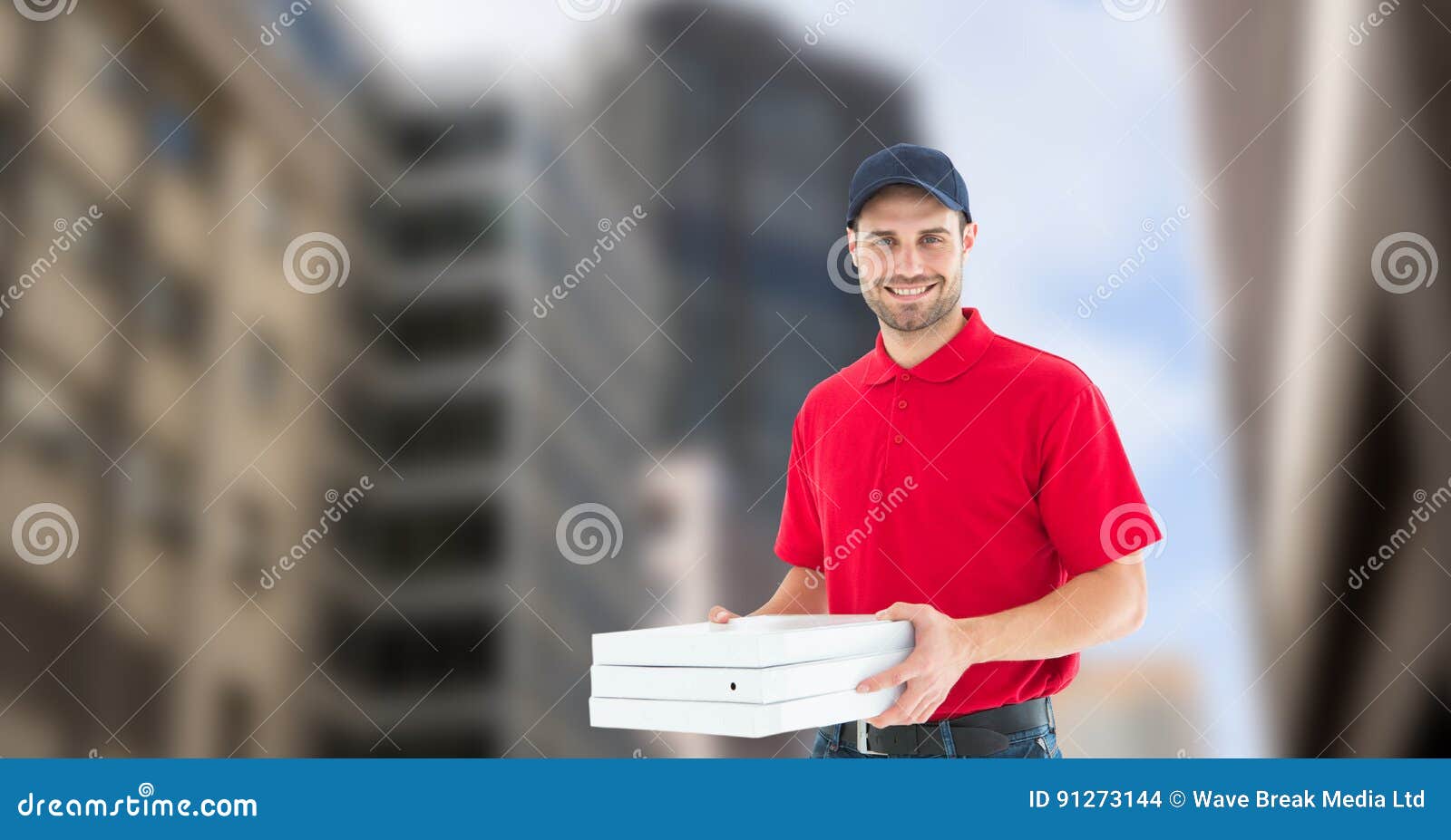 Delivery Man Holding Pizza Boxes in City Stock Photo - Image of holding ...