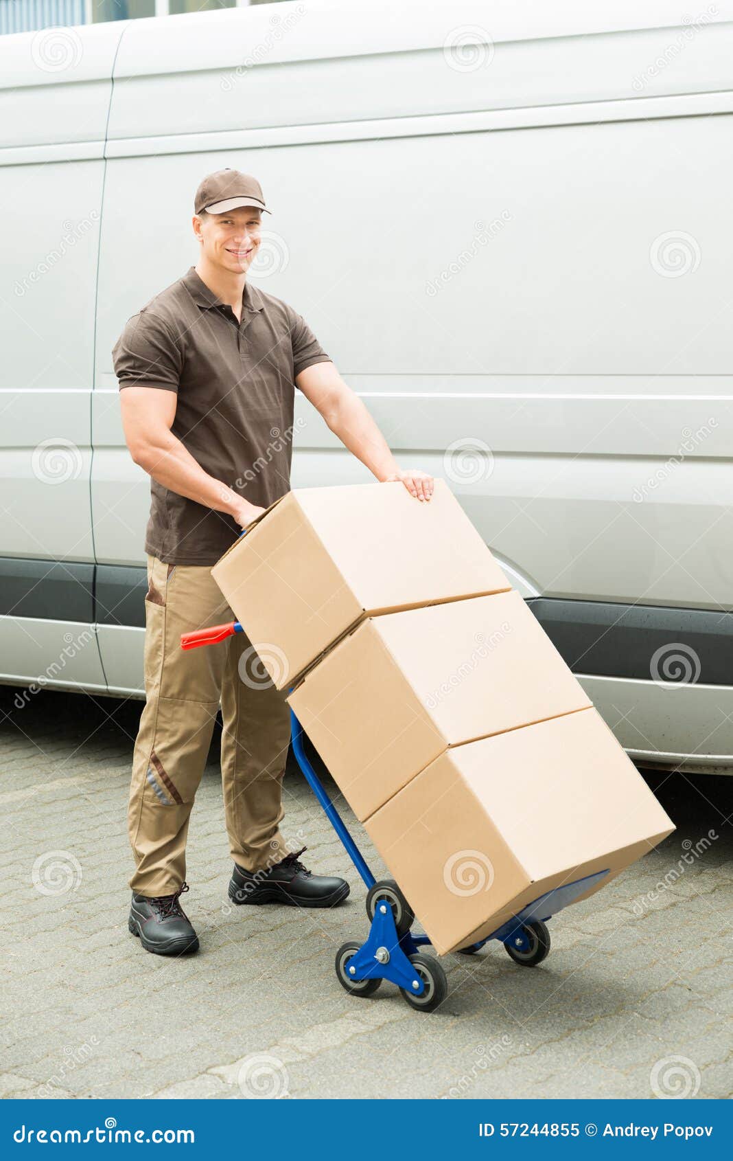 Delivery Man Holding Trolley with Cardboard Boxes Stock Image - Image ...