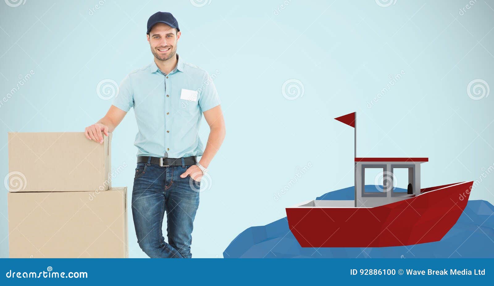 Delivery Man Leaning on Parcels by 3d Boat Stock Photo - Image of ...