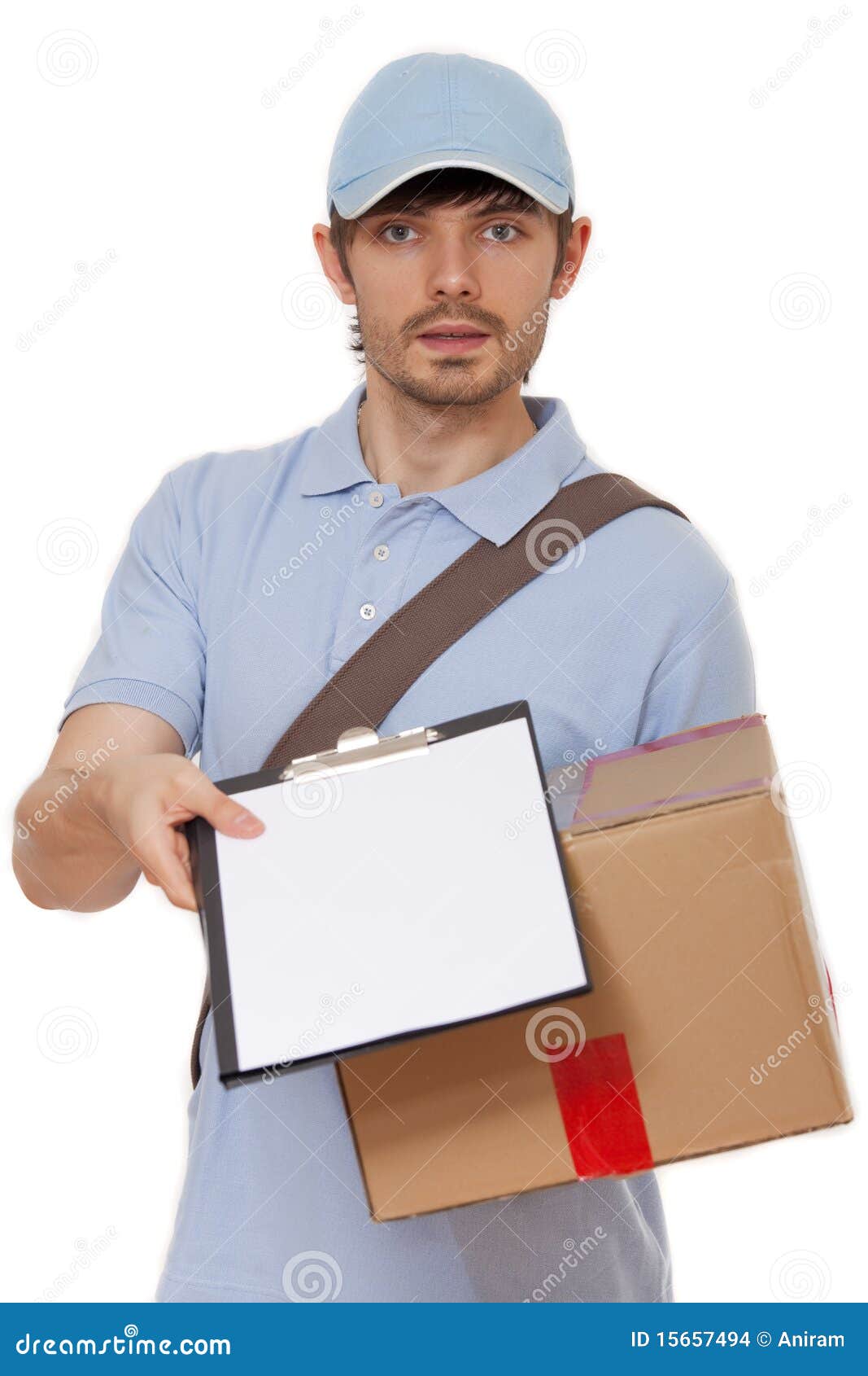 Delivery Man with Package and Clipboard Stock Photo - Image of manual ...