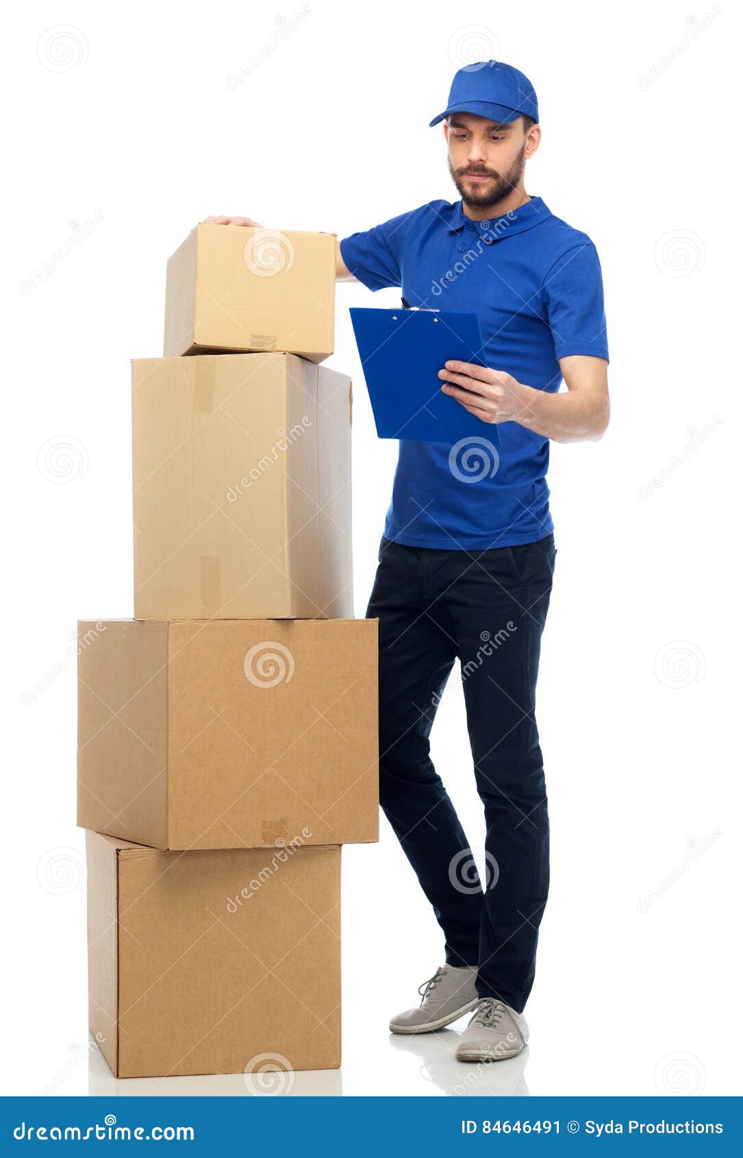 Delivery Man with Parcel Boxes and Clipboard Stock Image - Image of ...