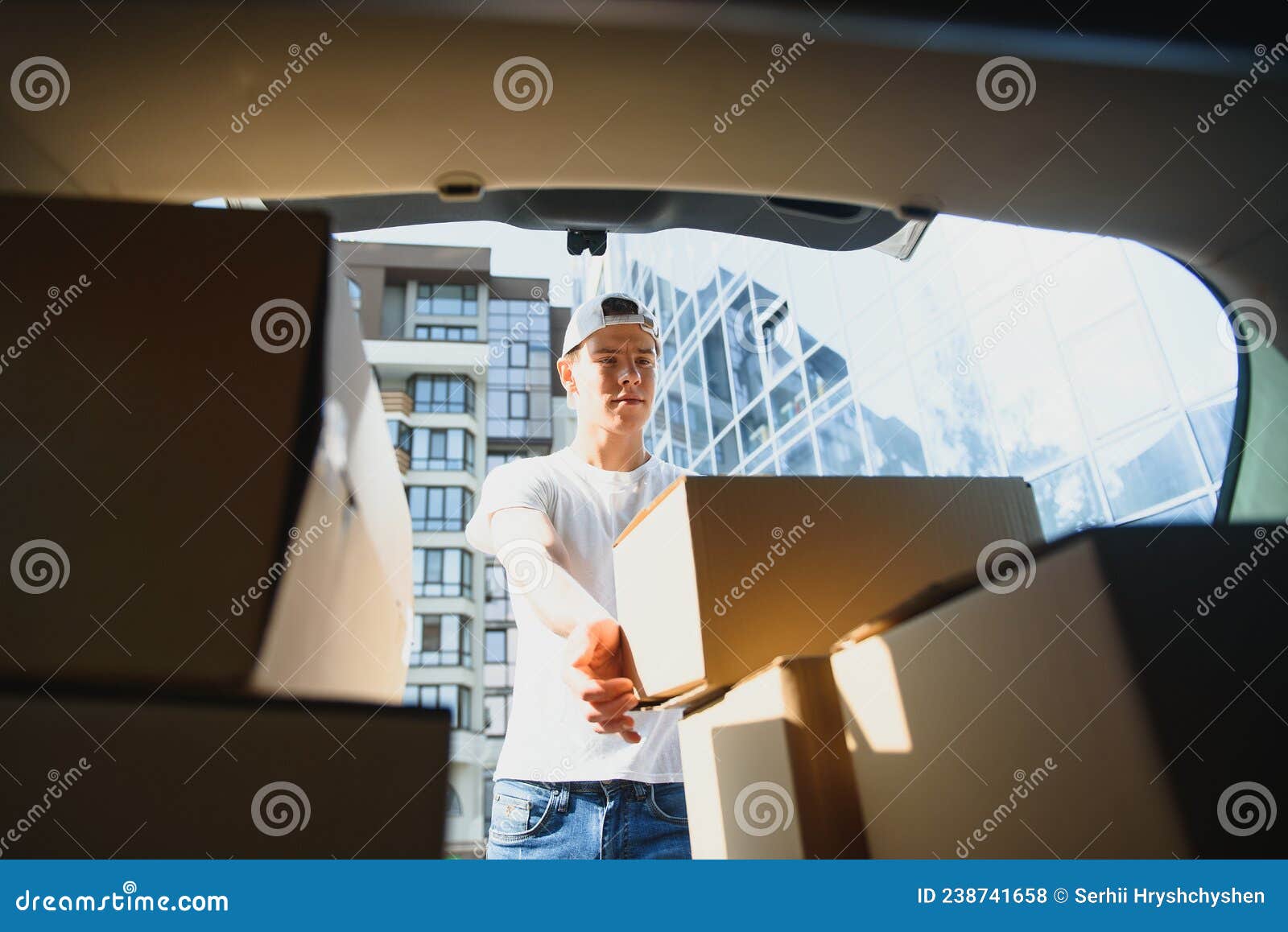 Delivery Man Picking Up Box from Car Stock Photo - Image of business ...