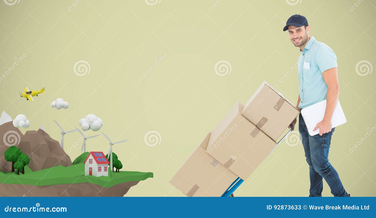 Delivery Man Pushing Boxes on Cart with House on Mountain Stock Image ...