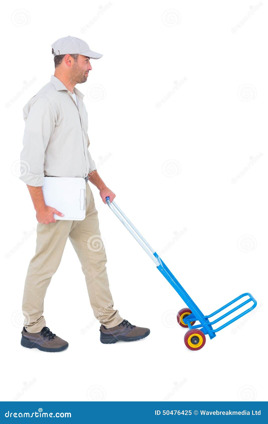 Delivery Man Pushing Empty Trolley On White Background Royalty-Free ...