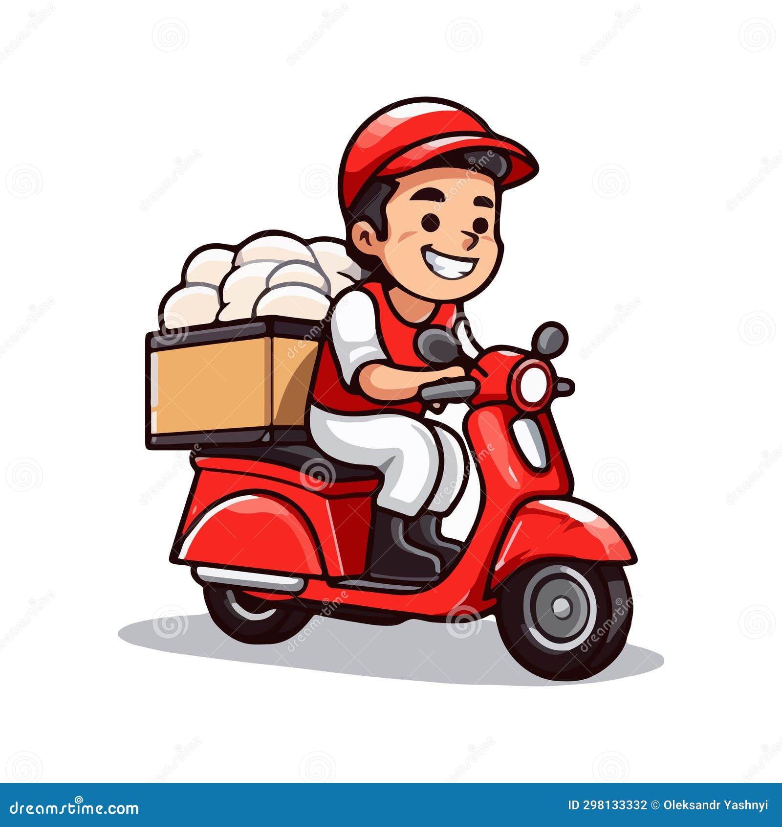 Delivery Man Riding A Red Scooter Isolated On White Background Food