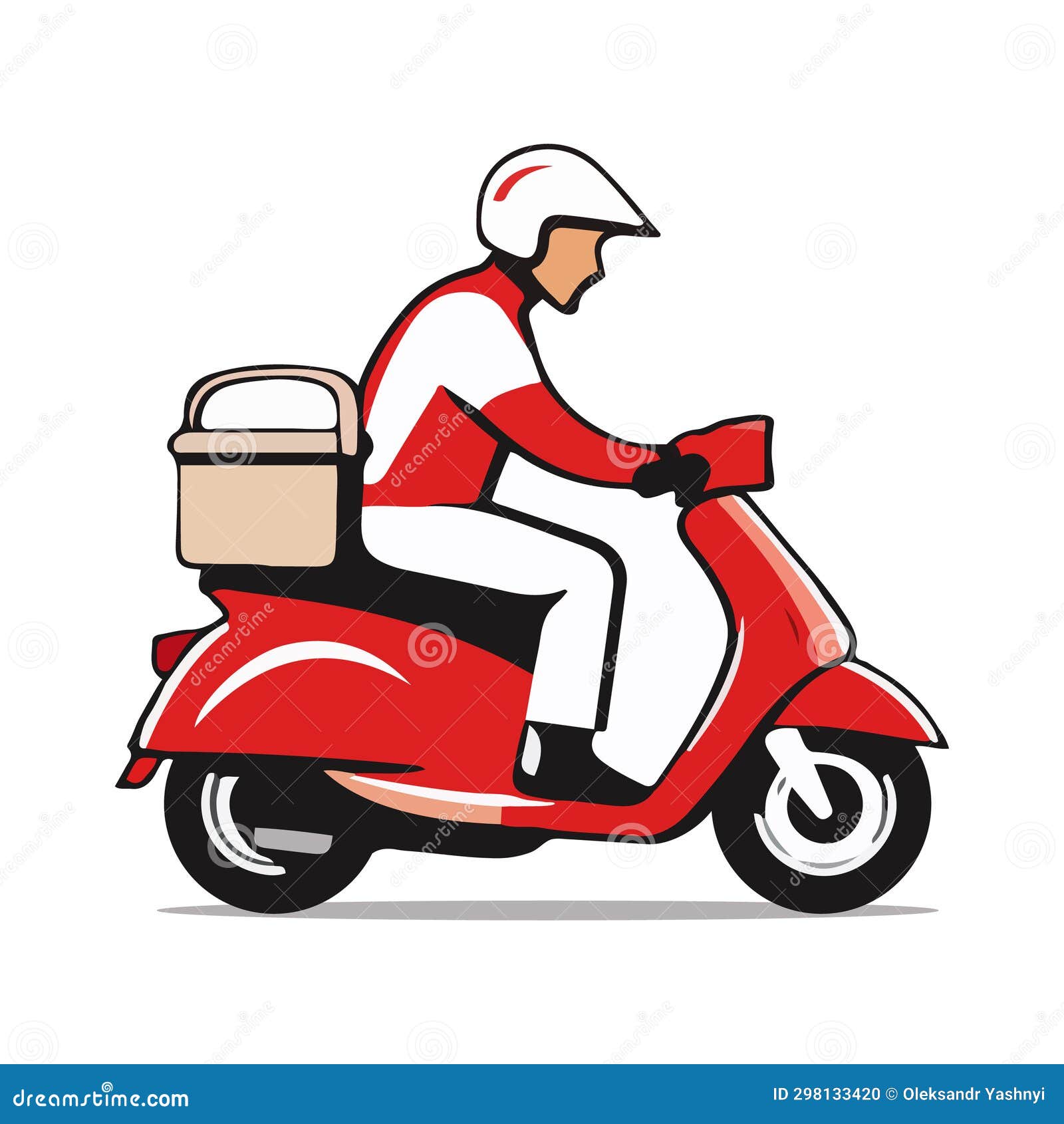 Delivery Man Riding A Red Scooter Isolated On White Background Food
