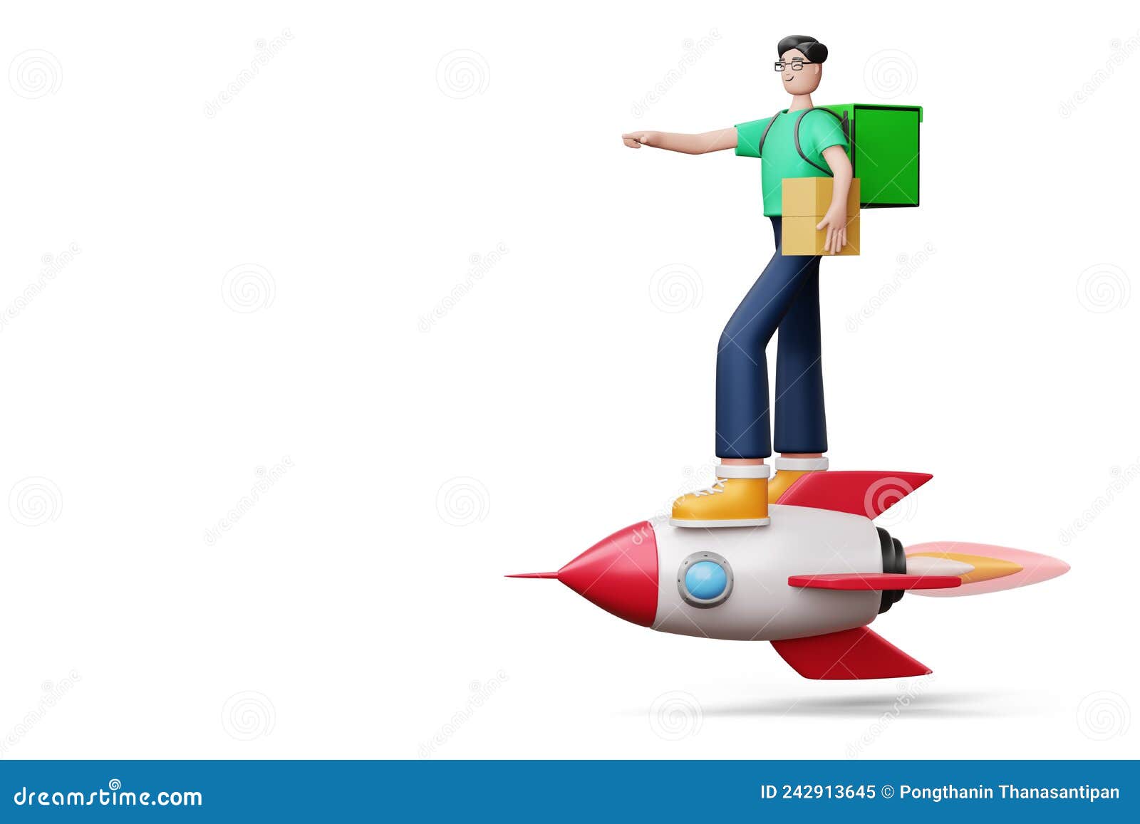 Delivery Man Riding Rocket with Delivery Box, 3d Rendering Stock ...