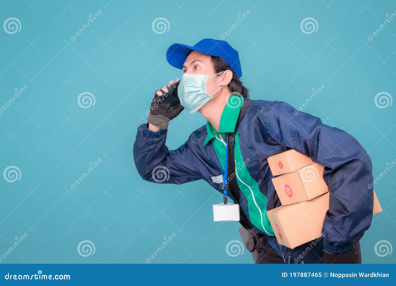 Delivery Man Asian Running Fast on Blue Background Stock Image - Image ...