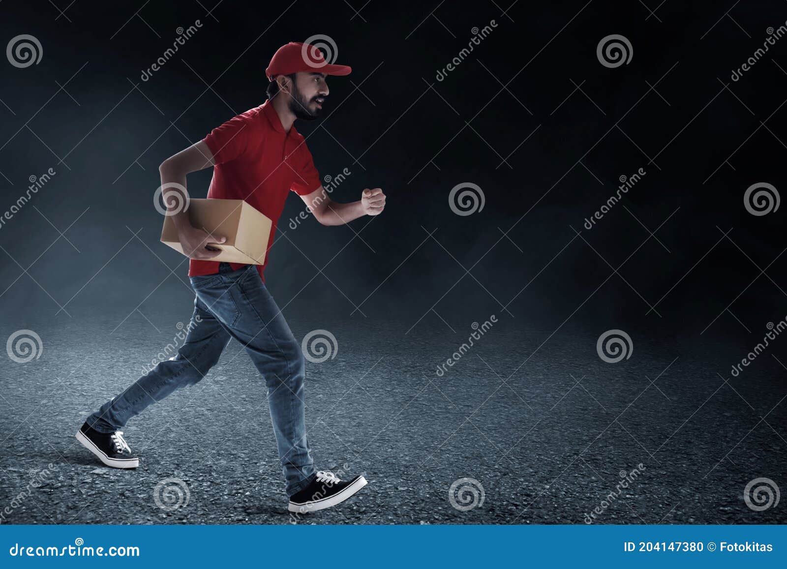 Delivery Man Running Fast Hold Cardboard Box Stock Photo - Image of ...