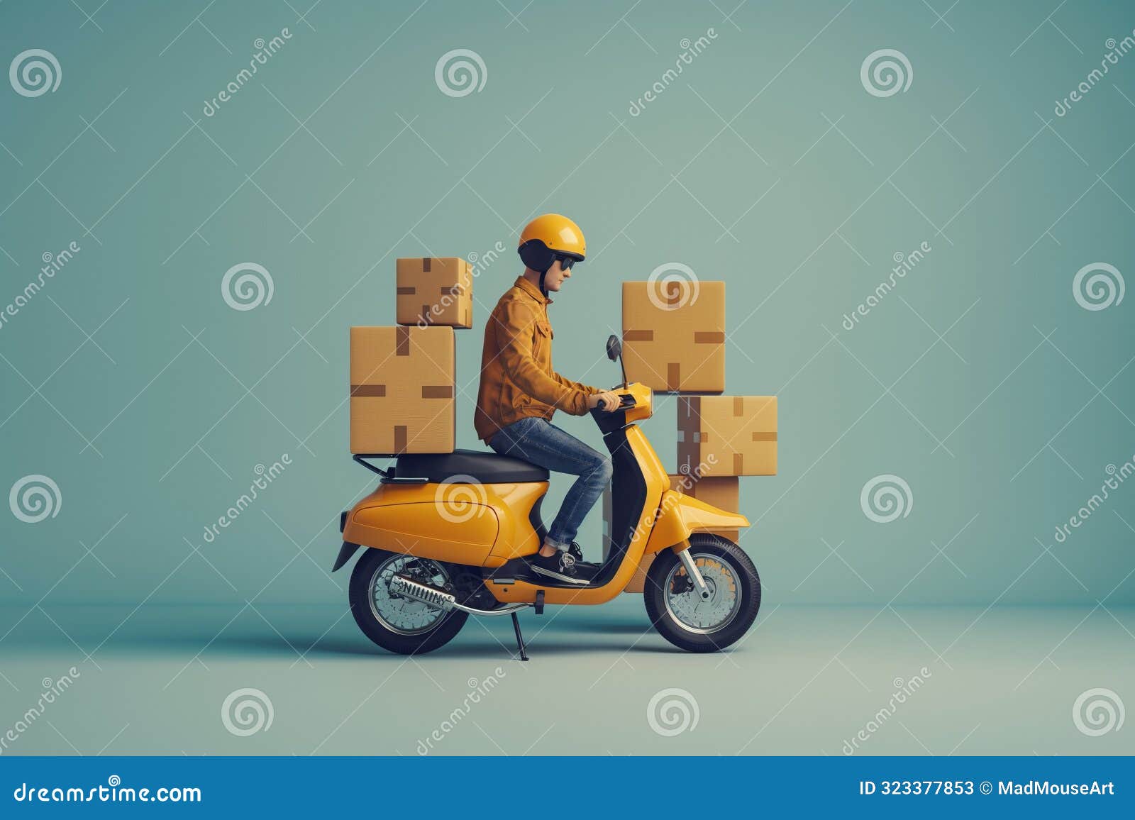 Delivery Man on Scooter with Boxes on Blue Background Stock ...