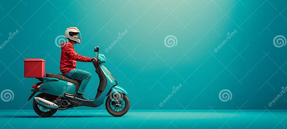 Delivery Man On Scooter With Red Box Rolling On Tire Motor Vehicle In