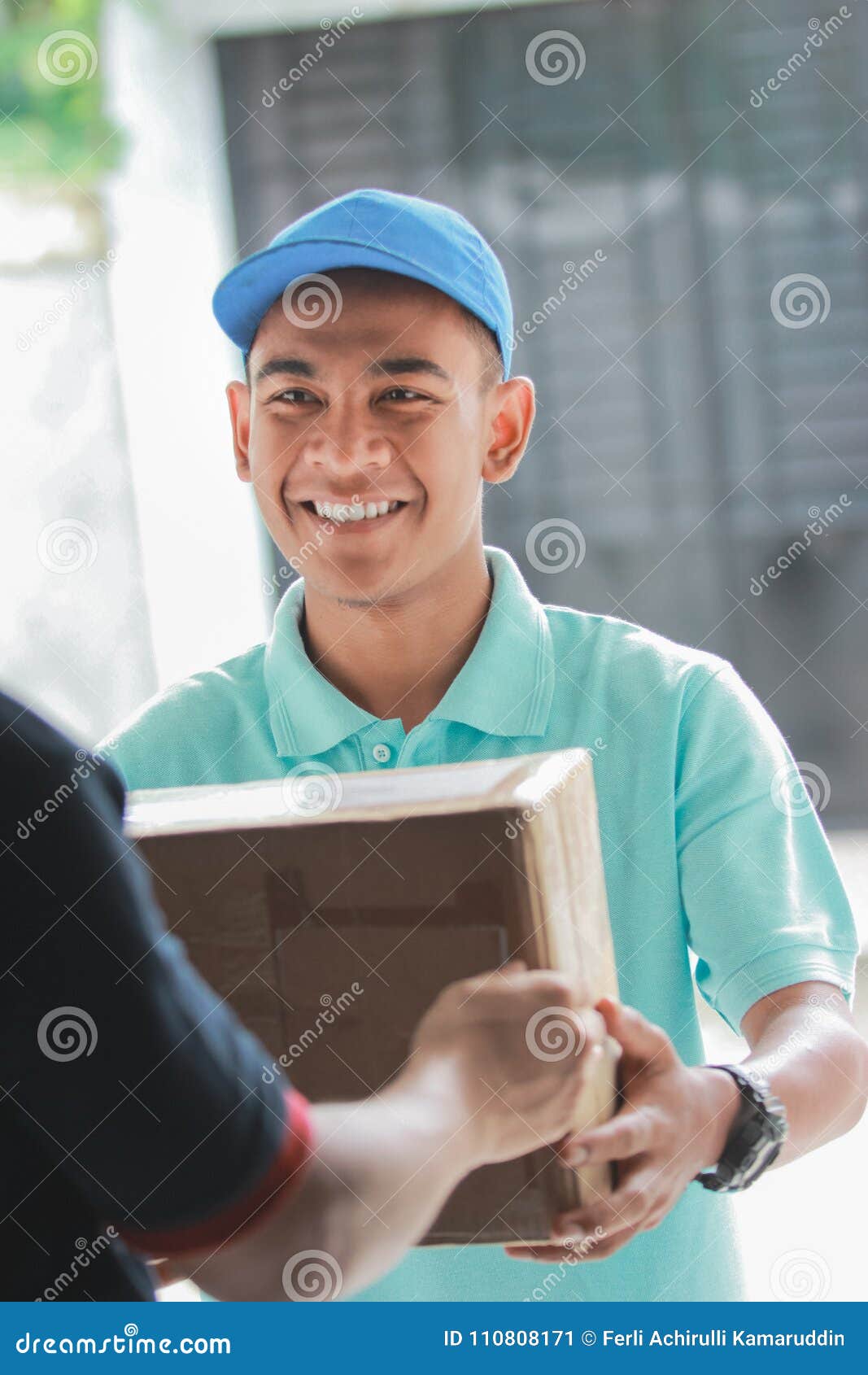 Happy Delivery Man with Package Stock Image - Image of home, customer ...