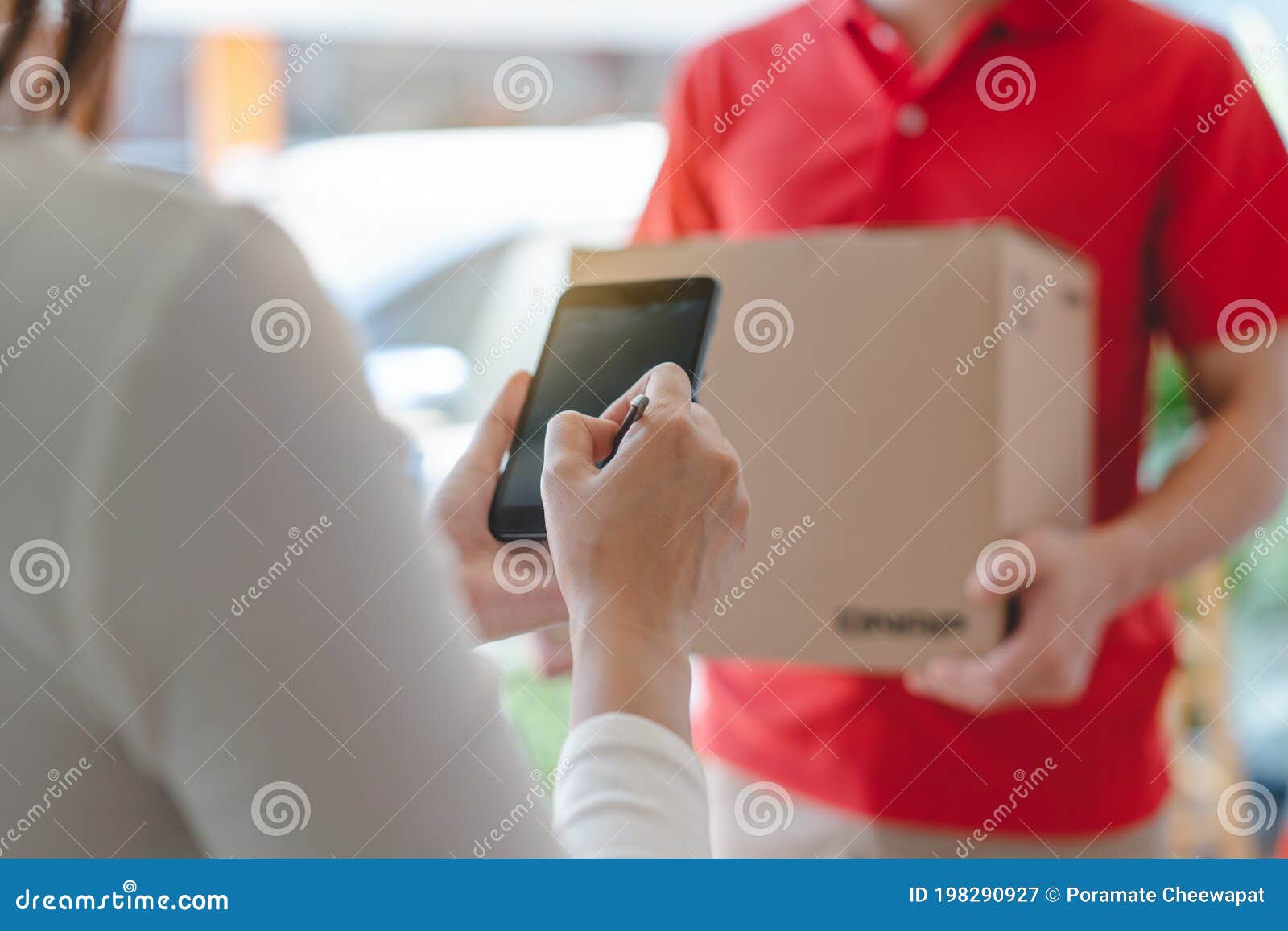 Delivery Man Sending Package To Receiver on Doorway Stock Image - Image ...
