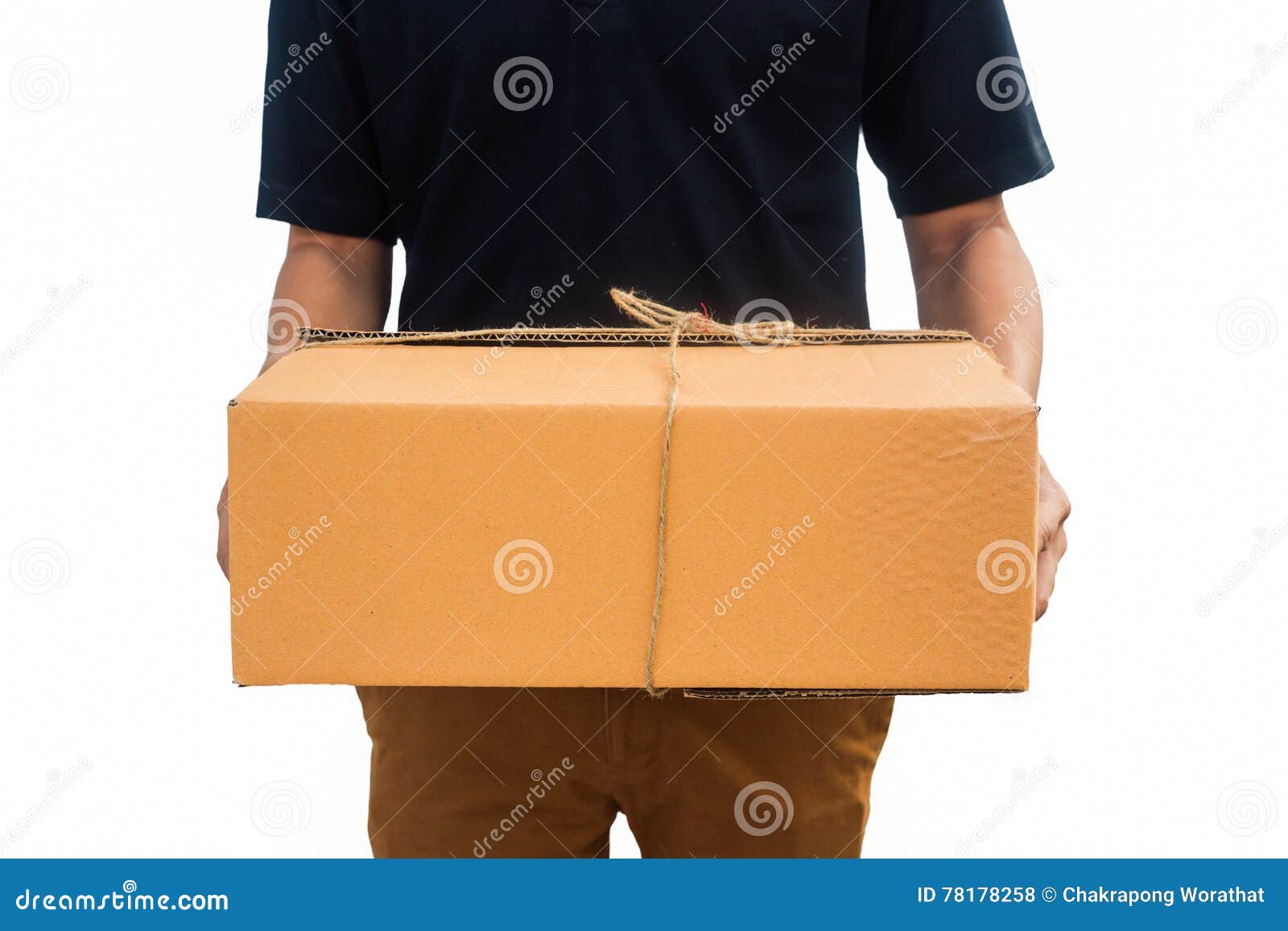 Delivery Man Service Sent a Package Box. Isolated White Background ...