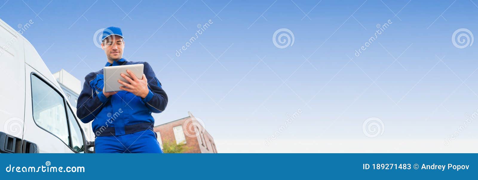 Service Worker Near Delivery Truck Using Tablet Stock Image - Image of ...