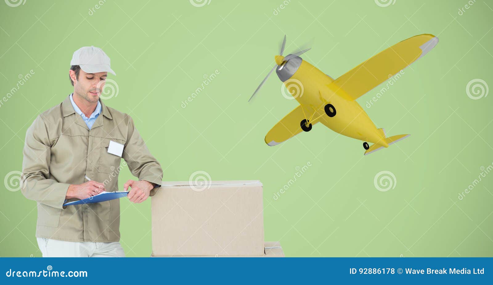 Delivery Man Writing on Clipboard by Parcel Against 3d Airplane Stock ...