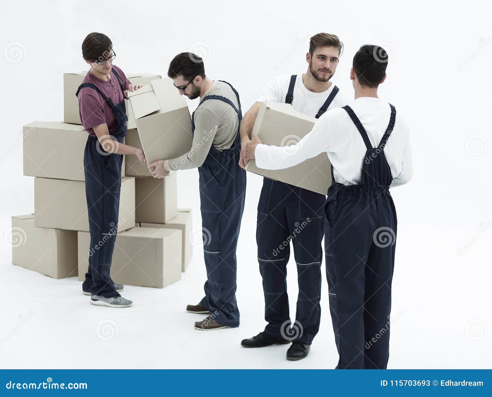 Movers Lifting Stack of Cardboard Moving Boxes Isolated on White Stock ...