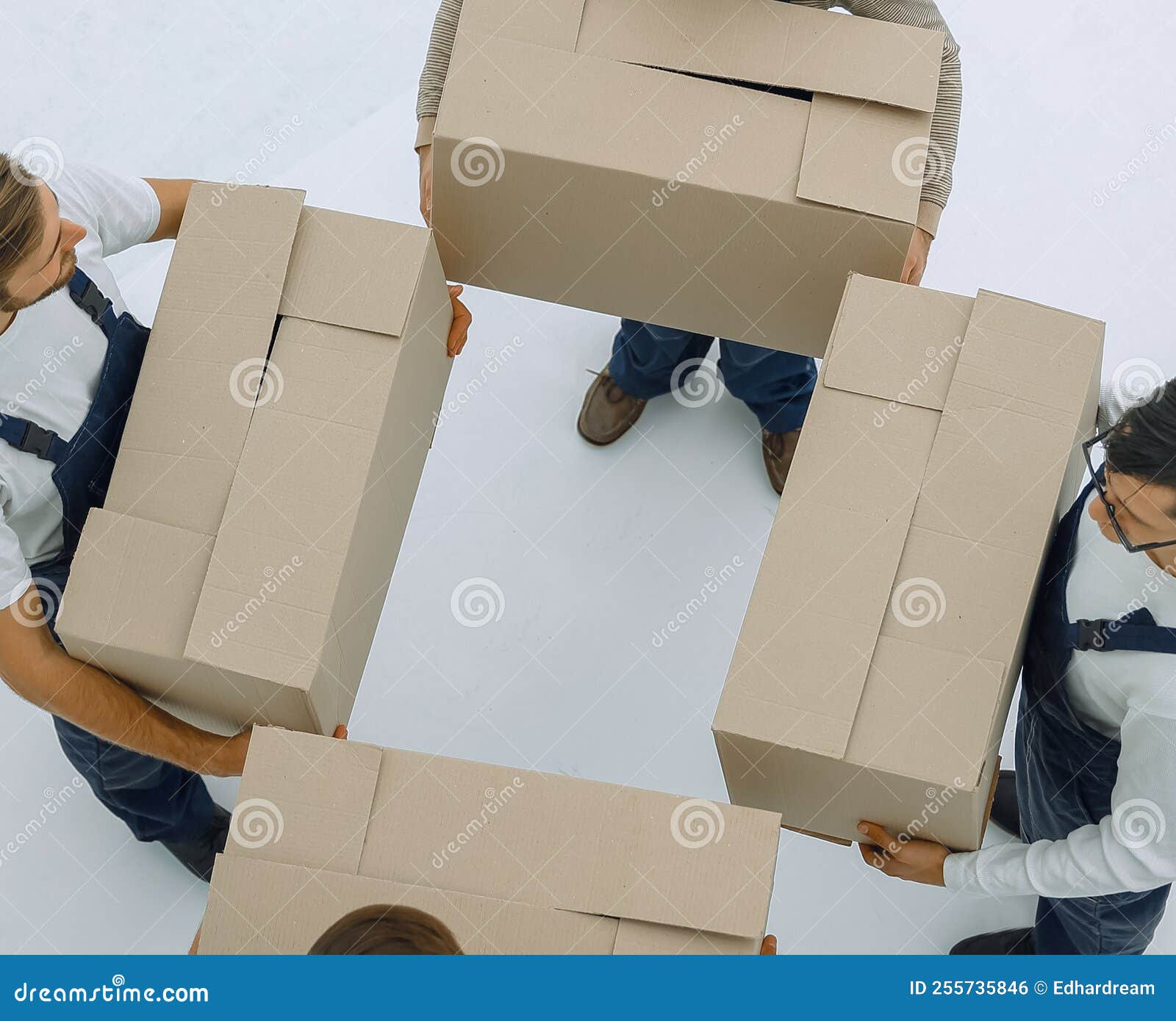 Delivery Men with Cardboard Boxes on White Background. Stock Photo ...