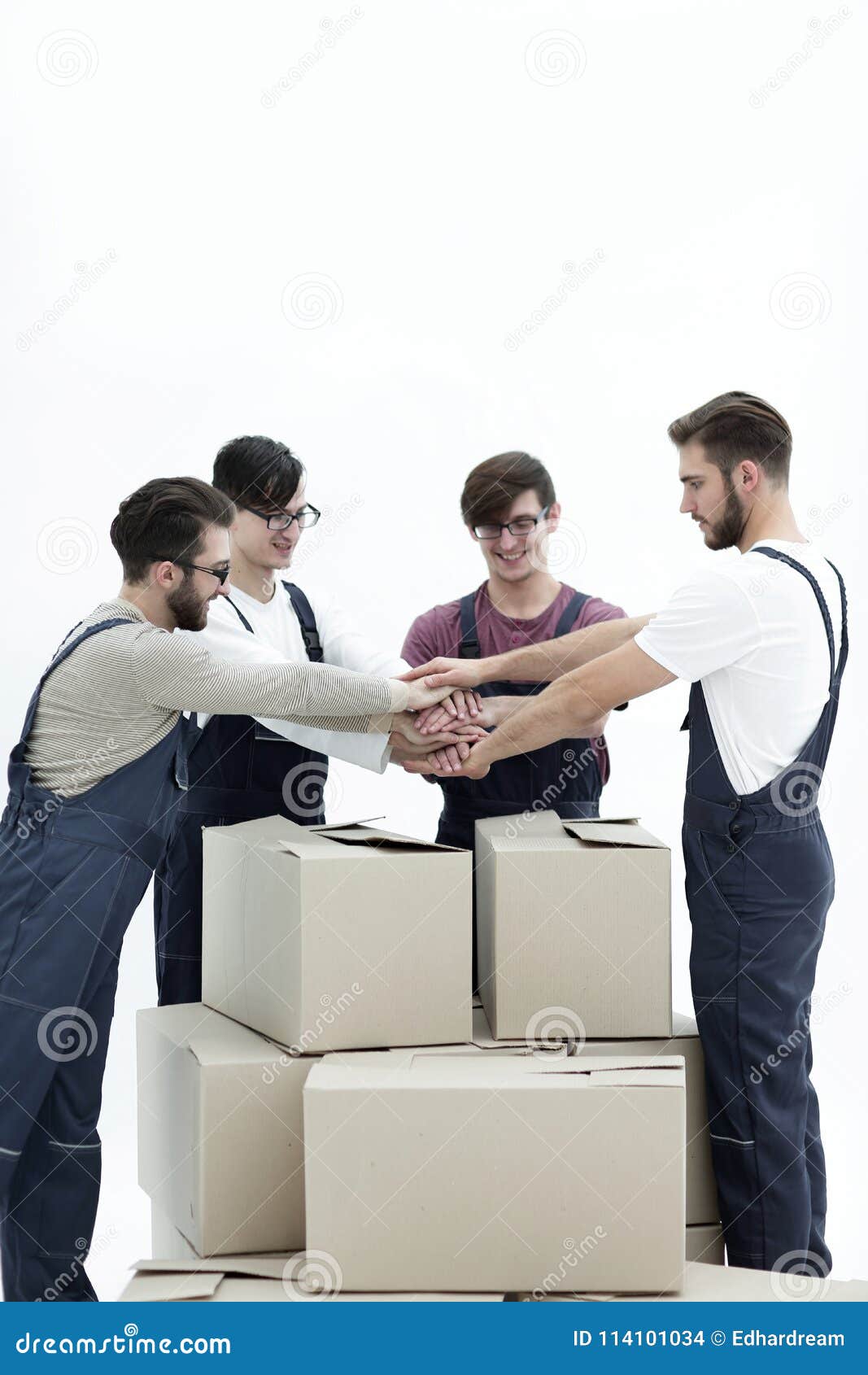 Cheerful Movers Leaning on Stack of Boxes Isolated on White Back Stock ...