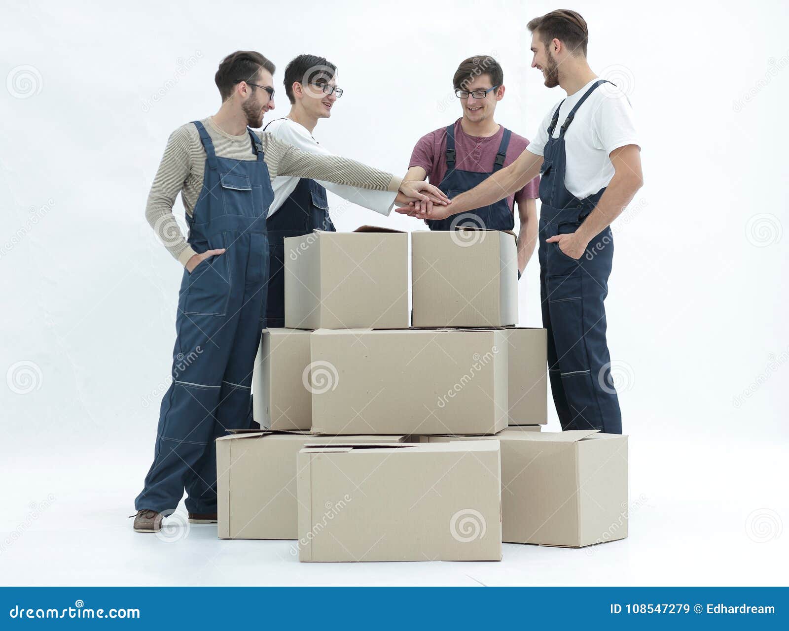 Cheerful Movers Leaning on Stack of Boxes Isolated on White Back Stock ...