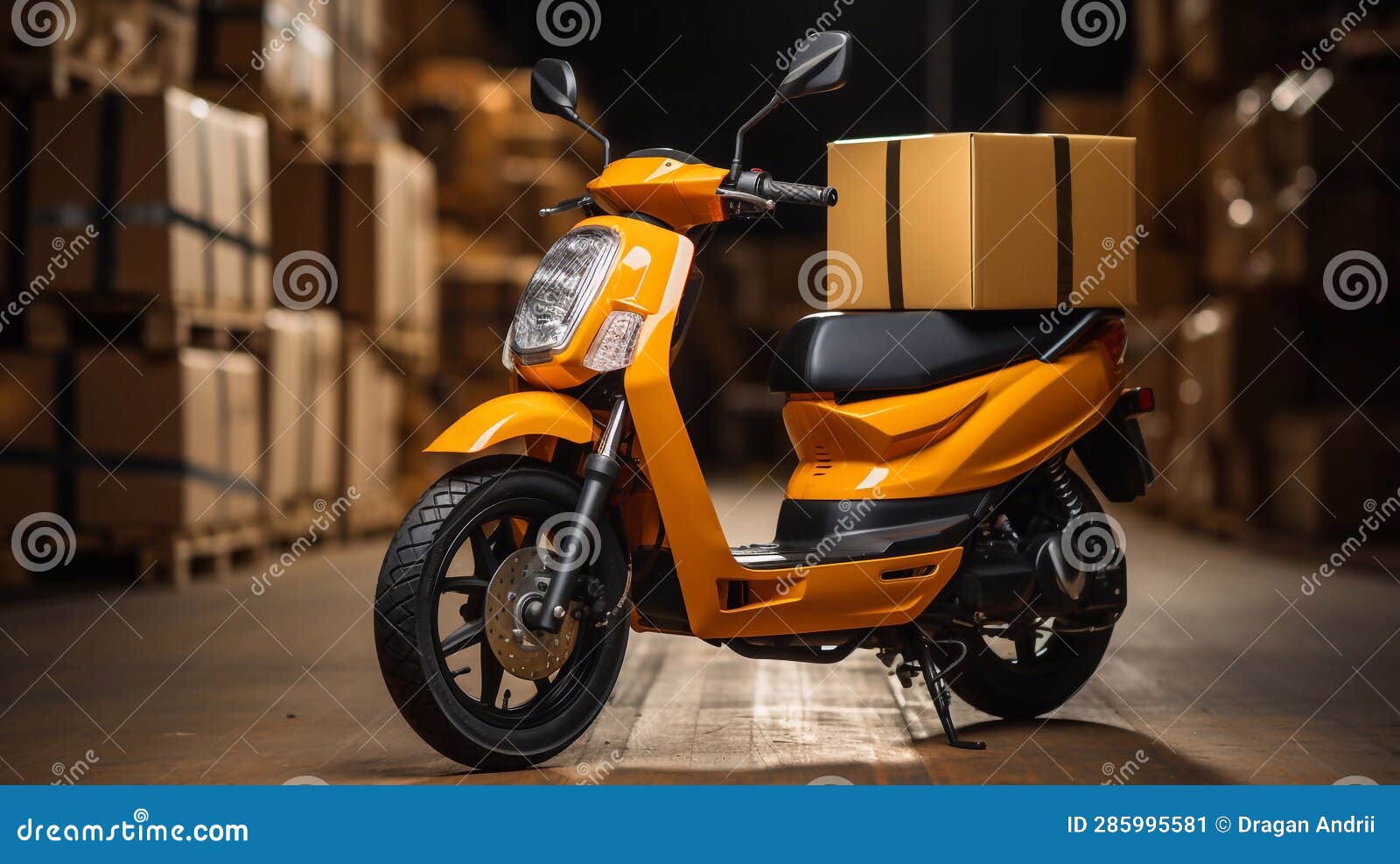 Delivery by Moped. Fast Delivery. Many Cardboard Boxes and a Scooter ...