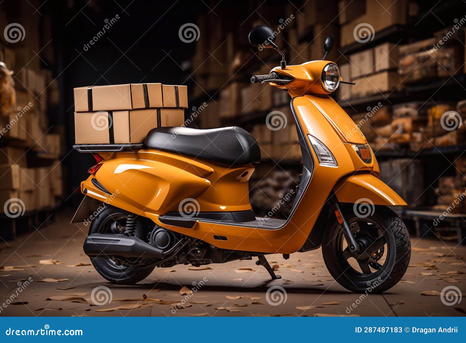 Delivery by Moped. Fast Delivery. Many Cardboard Boxes and a Scooter ...