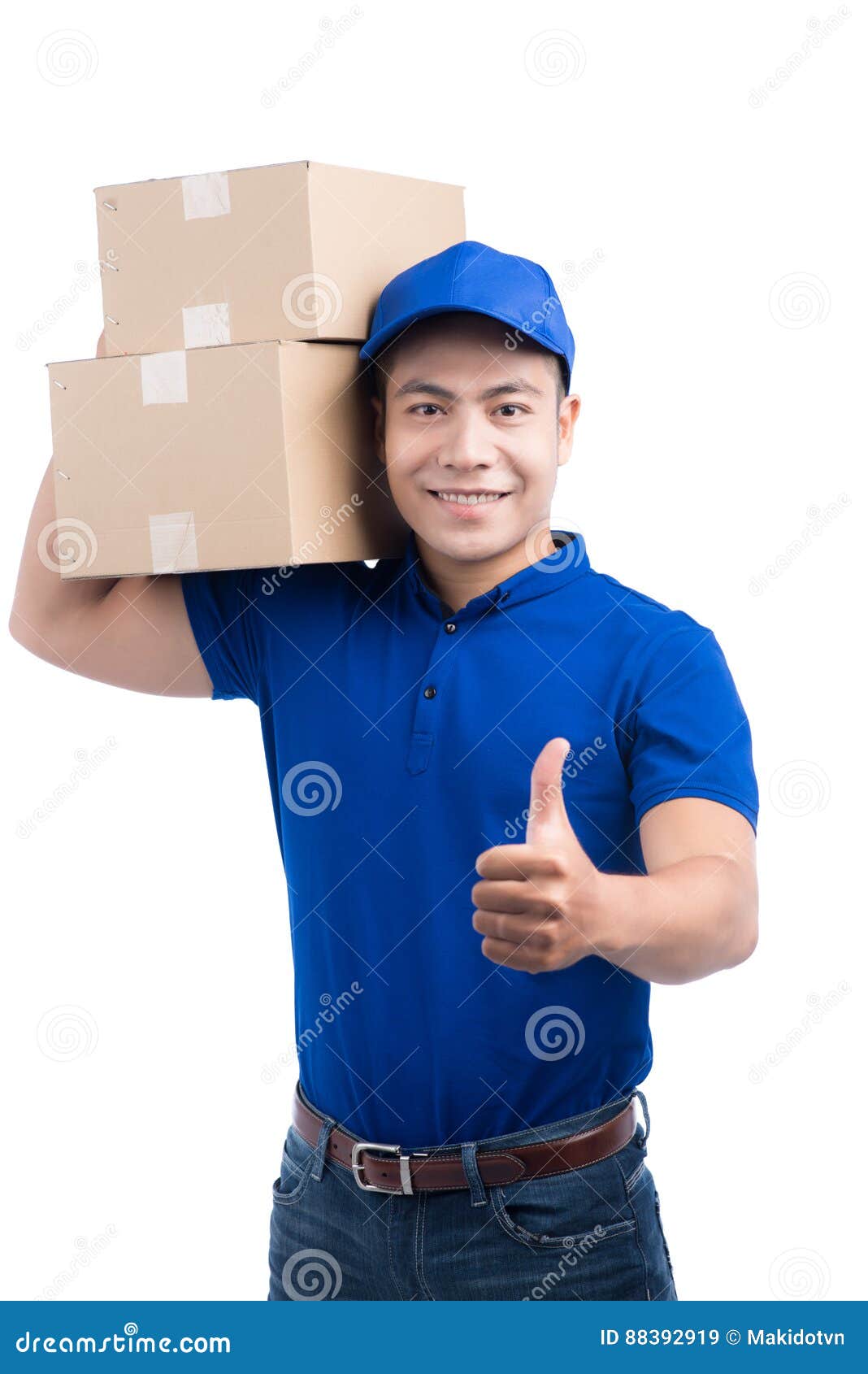 Delivery Person. Asian Postman with Parcel Box Thumps Up. Stock Image ...