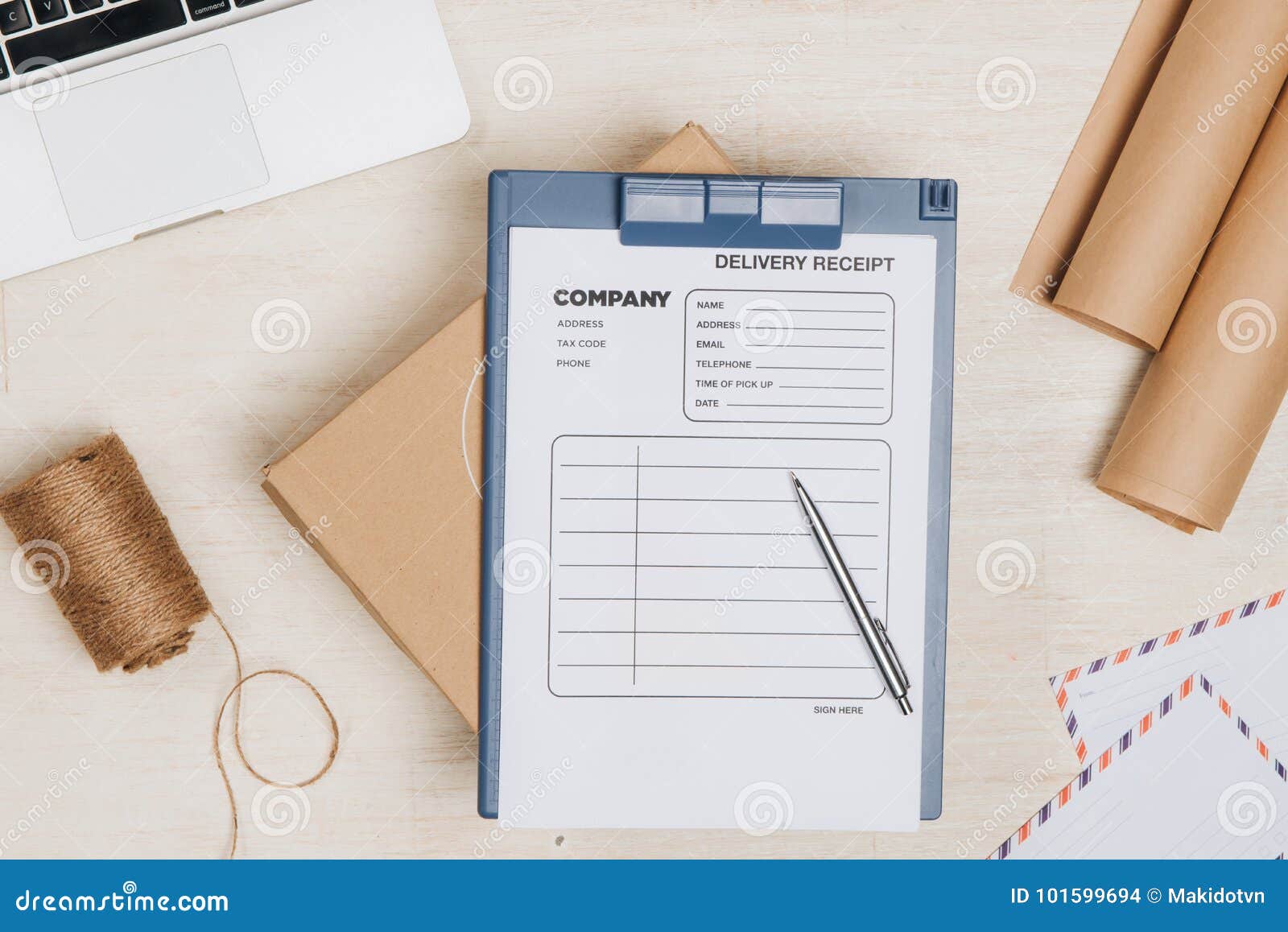 Delivery Receipt on Cardboard Box at Table Stock Photo - Image of white ...