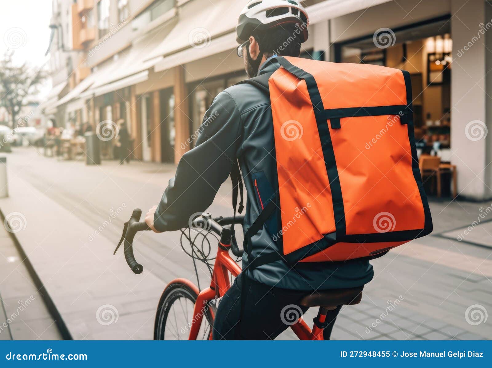 Delivery Rider Riding a Bicycle through the City with His Delivery ...