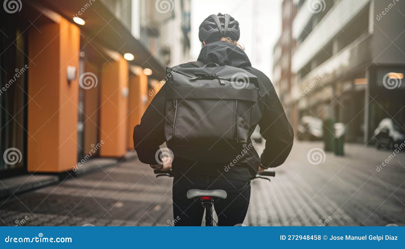 Delivery Rider Riding a Bicycle through the City with His Delivery ...