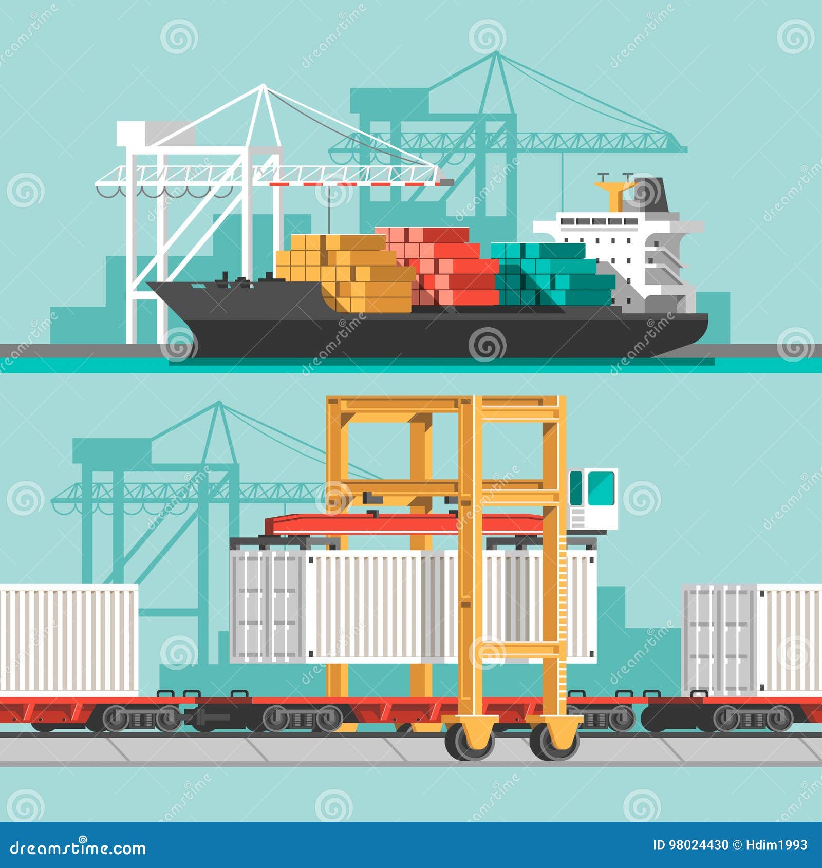Delivery Service Concept. Container Cargo Ship Loading, Truck Loader ...