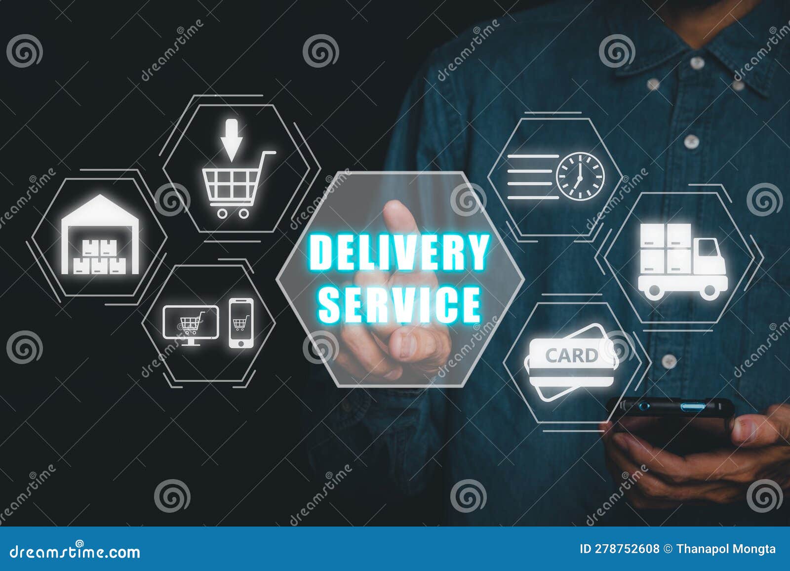 Person Using Smart Phone and Hand Touching Delivery Service Icon on ...