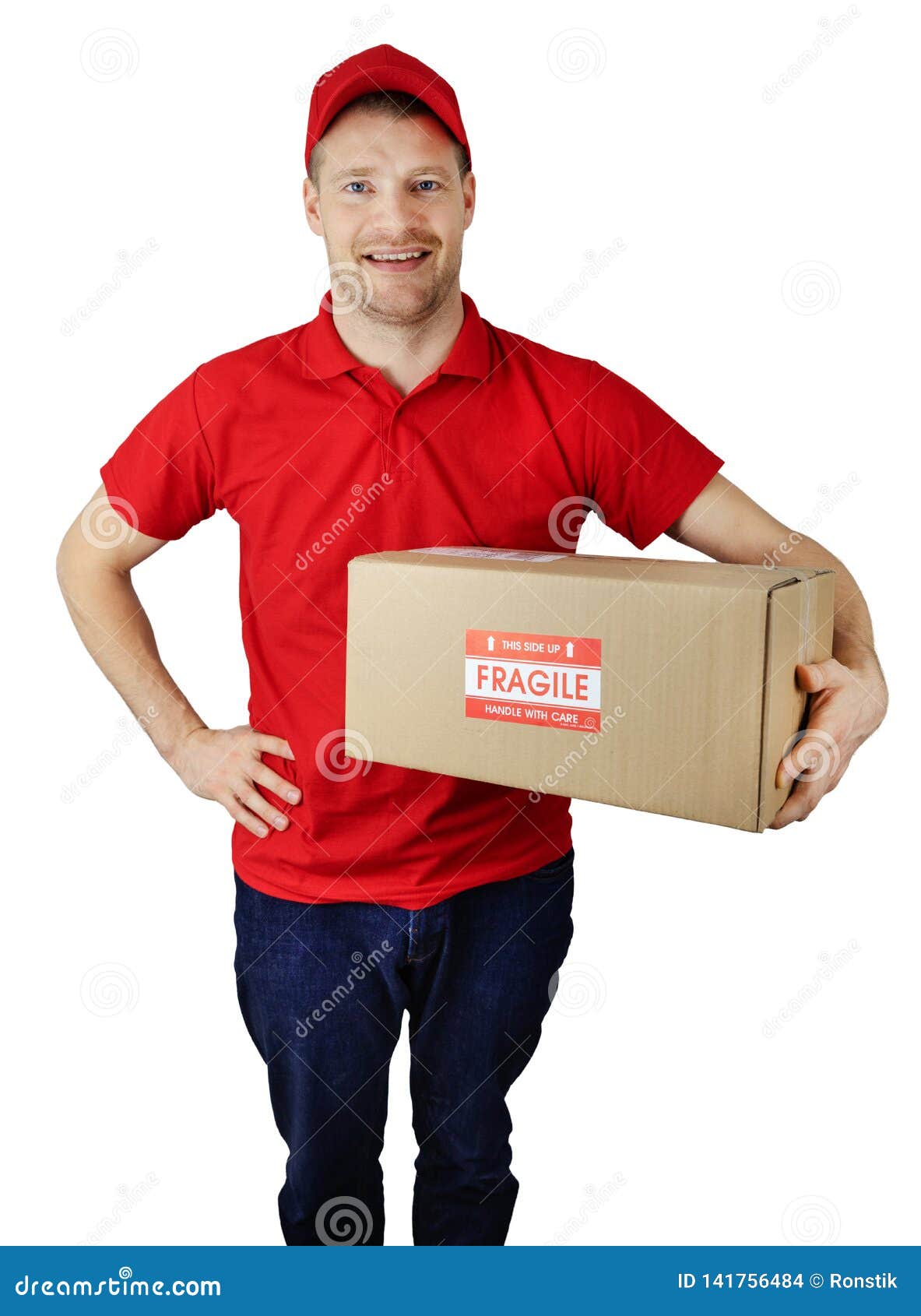 Delivery Service Courier in Red Uniform with Fragile Shipment Box ...