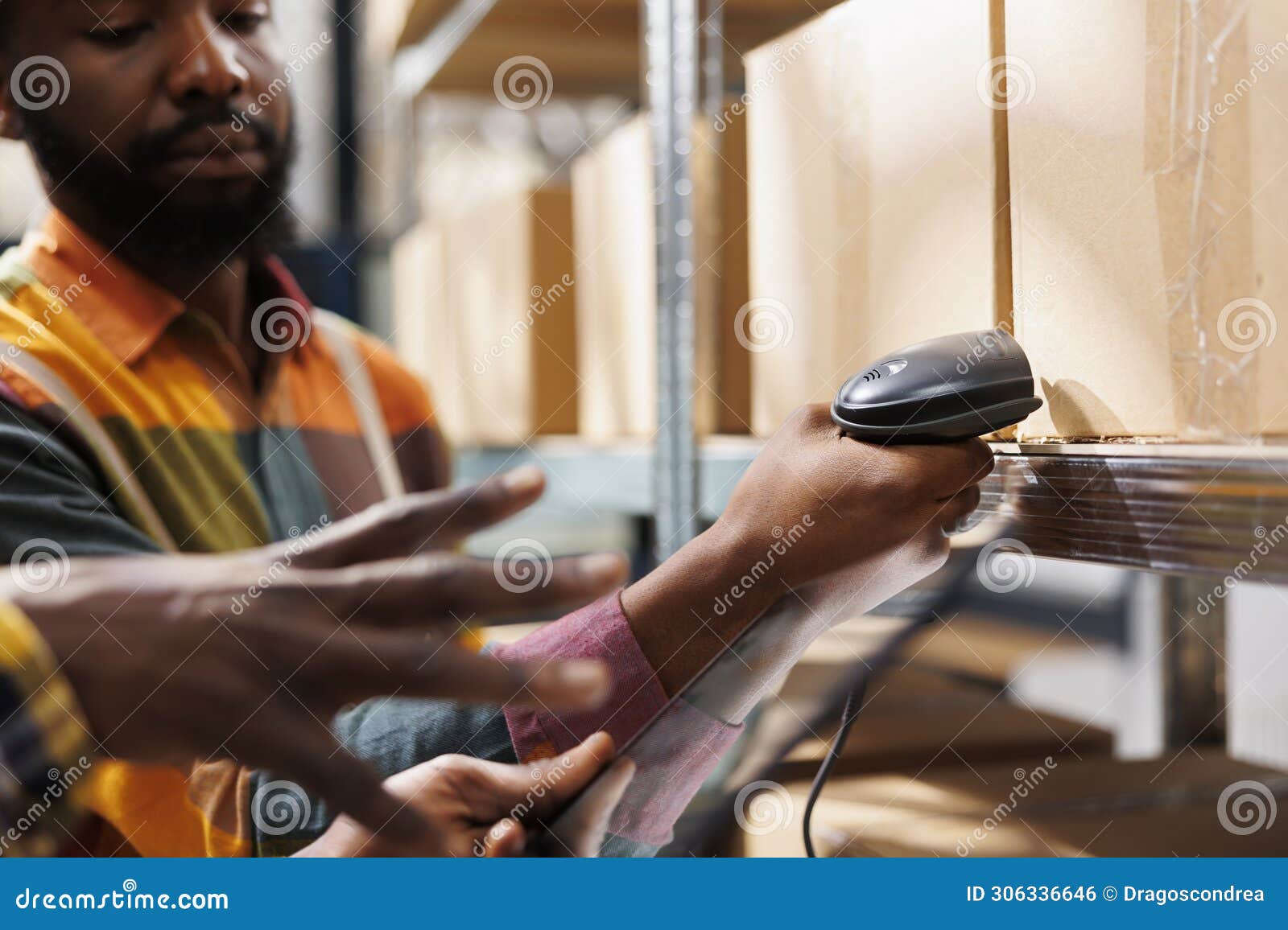 Delivery Service Employees Checking Box Qr Code in Warehouse Stock ...