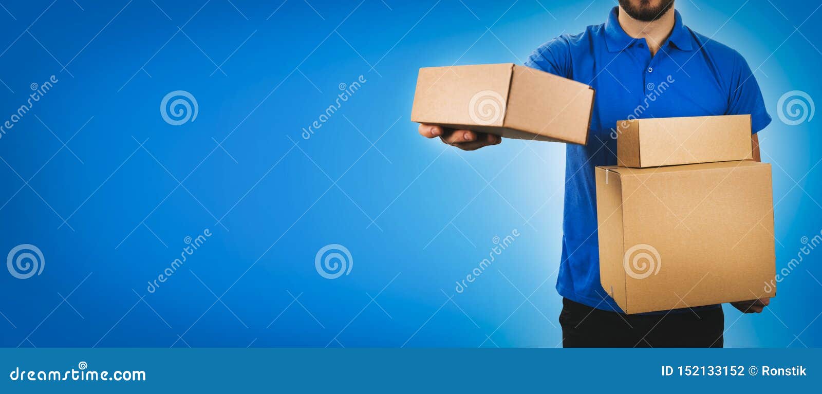 Delivery Service Man Holding Cardboard Boxes on Blue Background Stock ...
