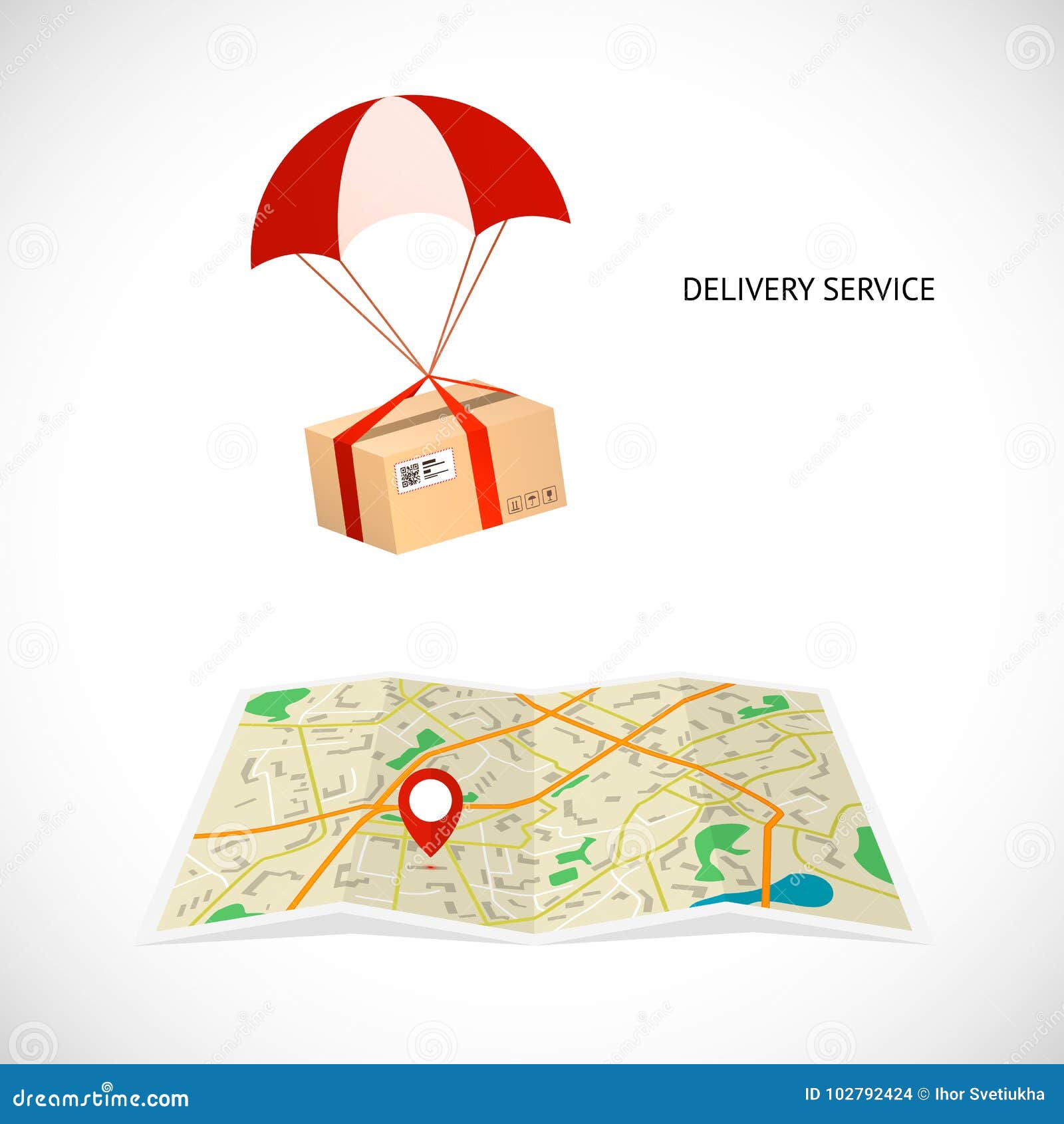 Delivery Service. Package Flies by Parachute To the Destination ...
